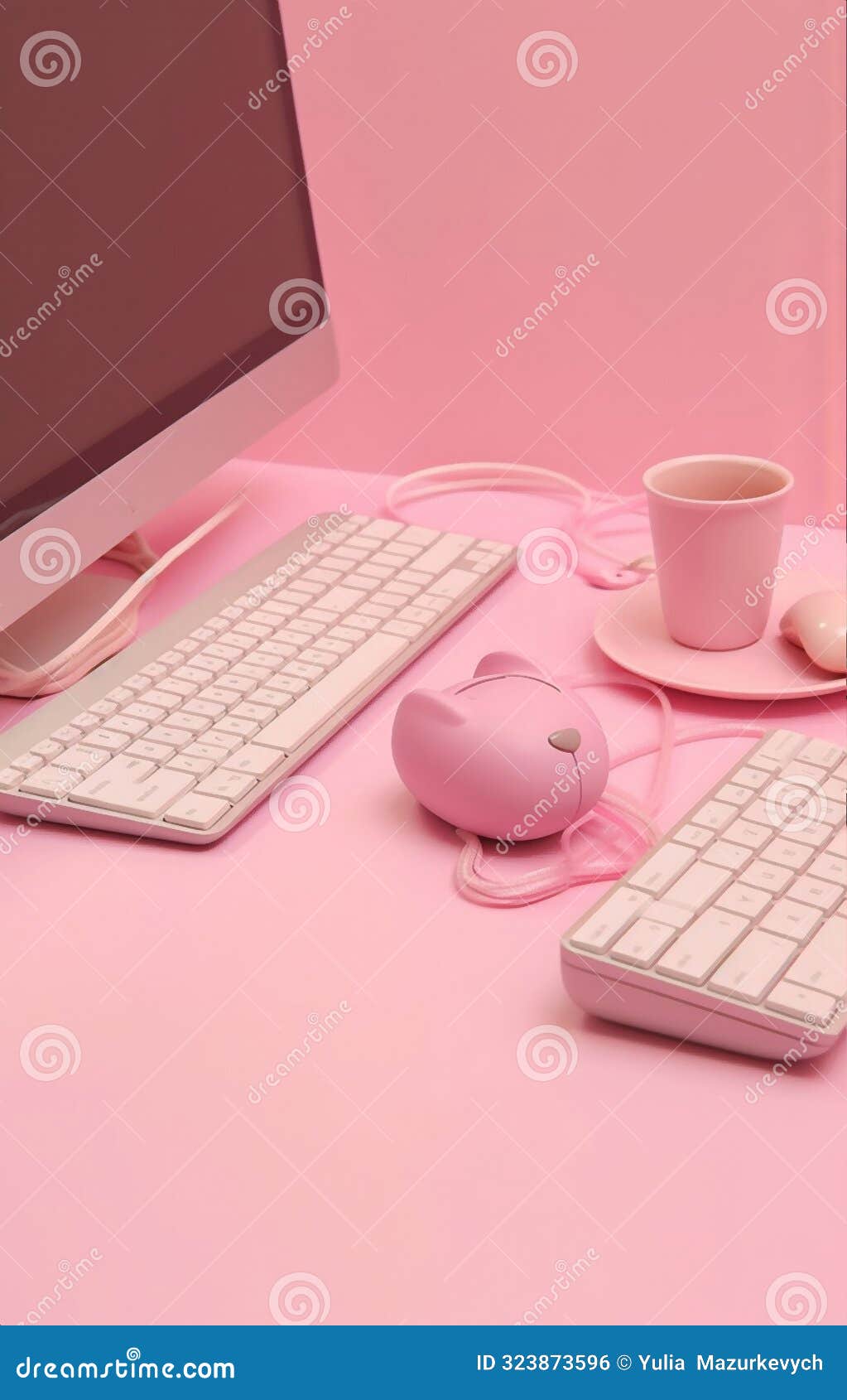There is a Pink Desk Featuring a Computer Keyboard and Mouse Stock ...