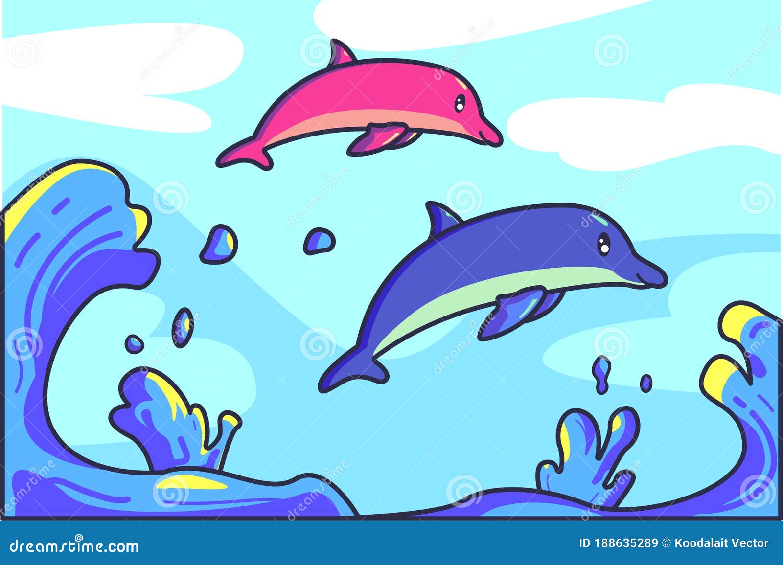 Pink Dolphin and Blue Dolphin Jump Over the Waves Stock Vector ...