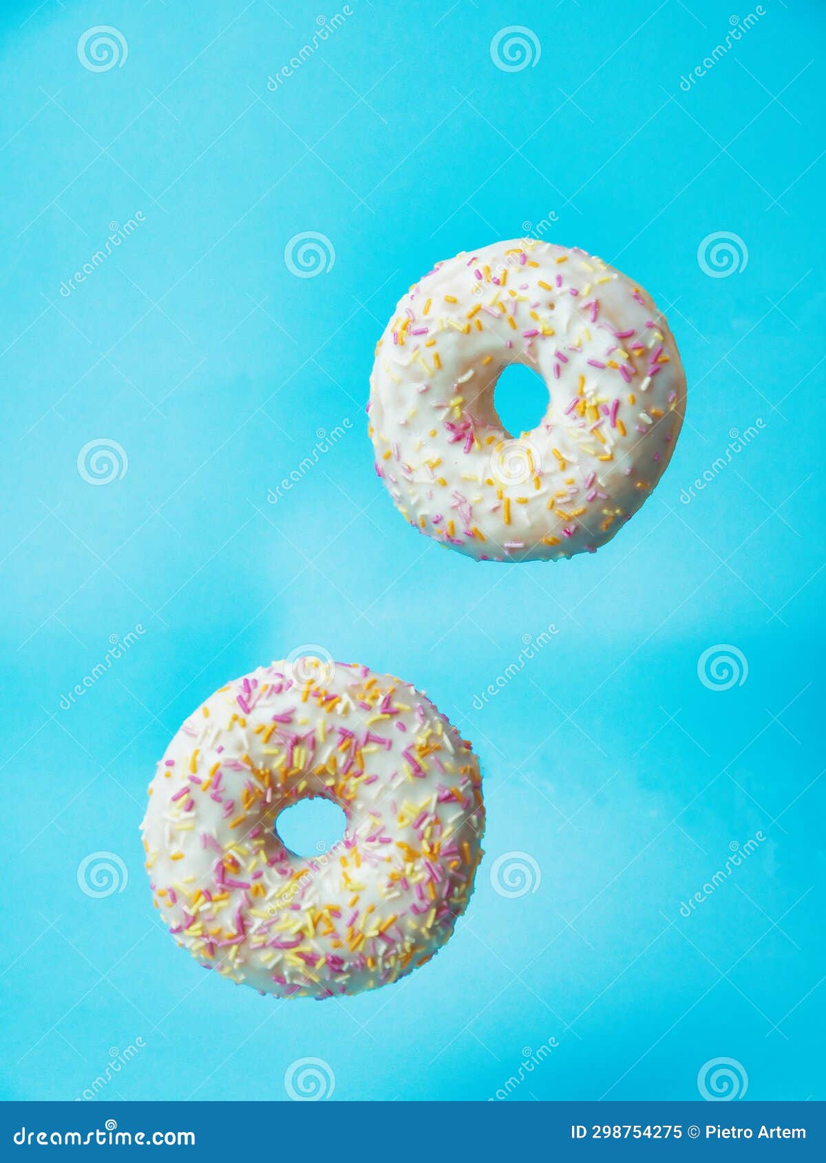 Pink Donut on a Blue Background, Side View, Dessert Concept, Copy Space ...