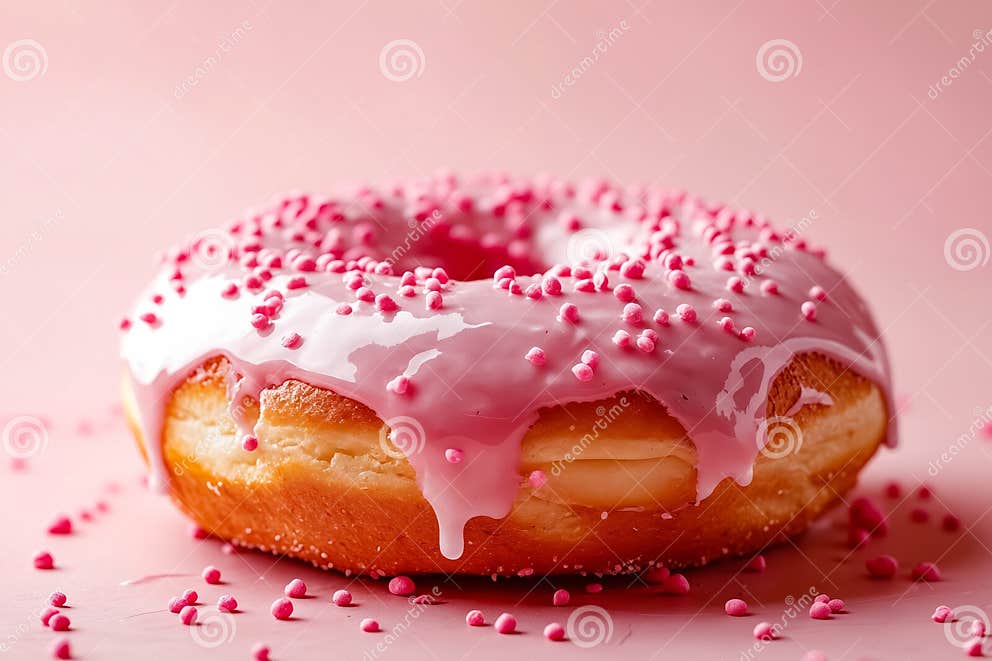 A Pink Donut with Pink Icing and Sprinkles on a Pink Background ...