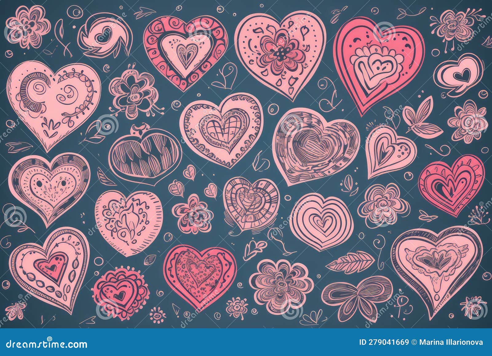 Pink Doodle Hearts Pattern on Blue Background. Generative AI Stock ...