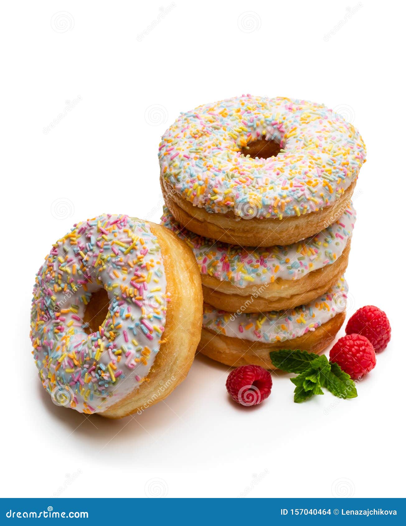 Pink Doughnuts with Sprinkles and Fresh Raspberry Isolated on White ...
