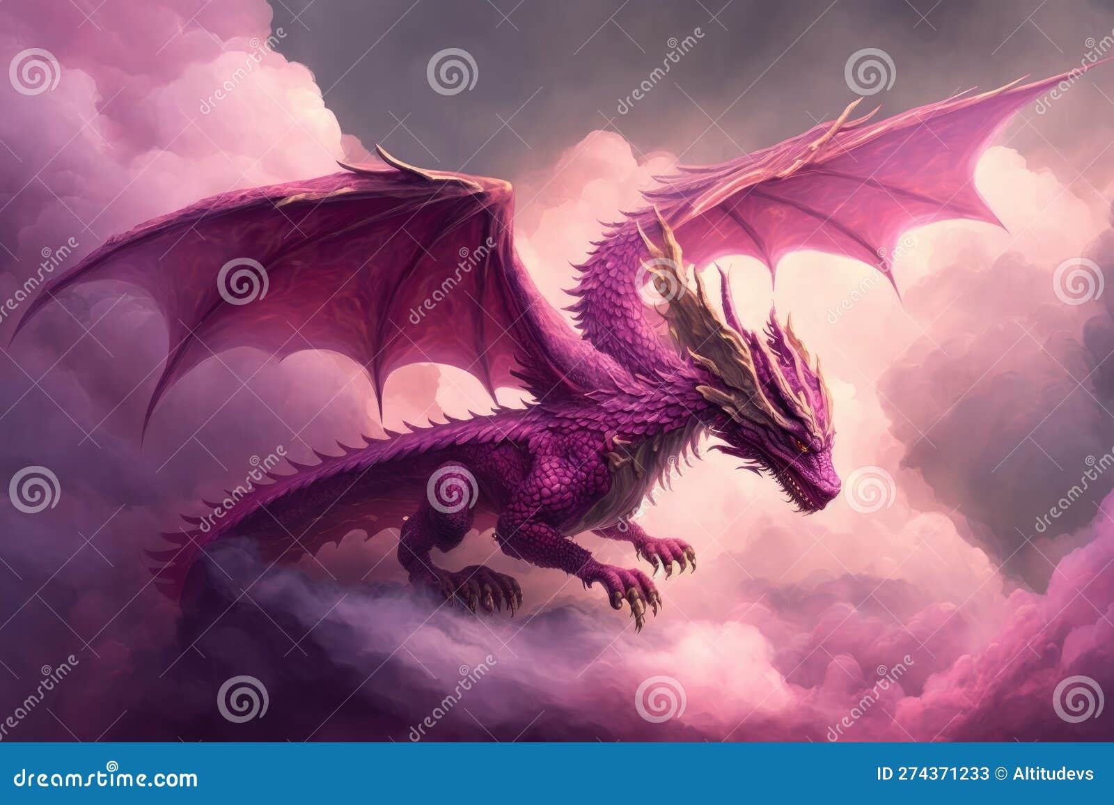 Pink Dragon Flying through the Clouds, Surrounded by Mist Stock ...
