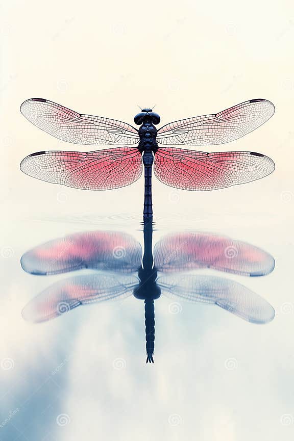 Pink Dragonfly Reflecting in Water on Light Background Stock Photo - Image of reflection, spring ...