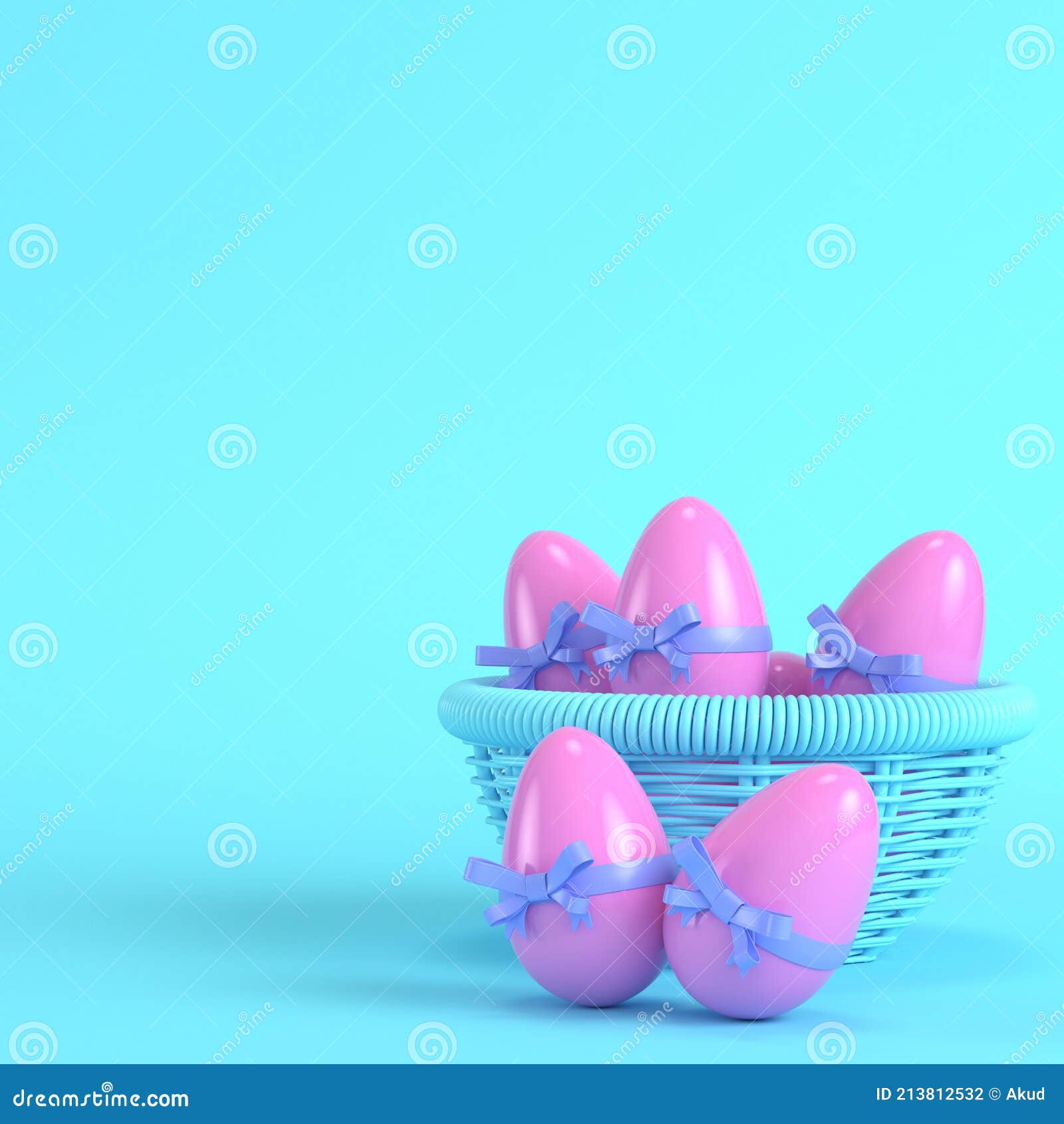 Pink Easter Eggs with Bow in a Wicker Basket on Bright Blue Background ...