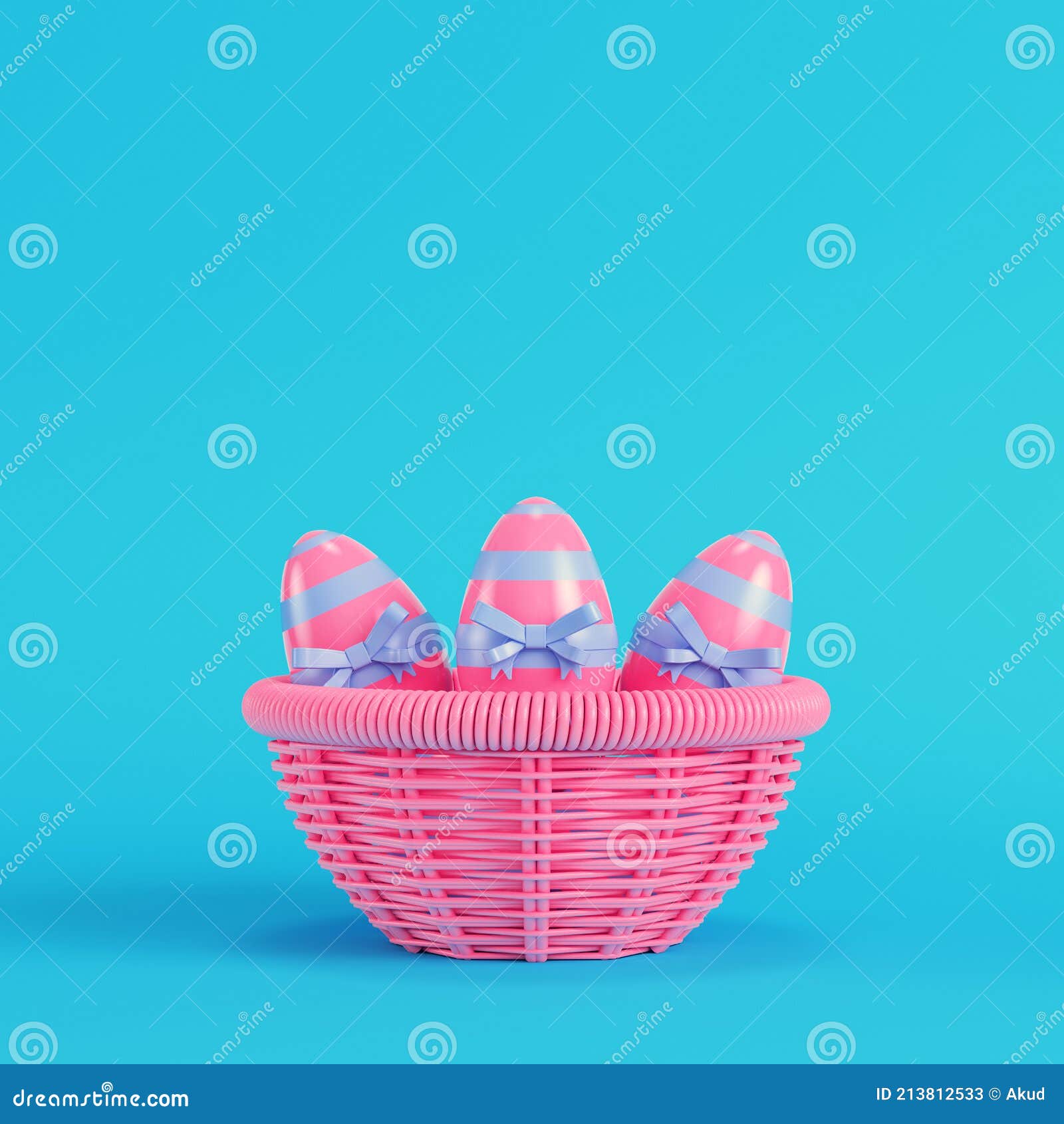 Pink Easter Eggs with Bow in a Wicker Basket on Bright Blue Background ...