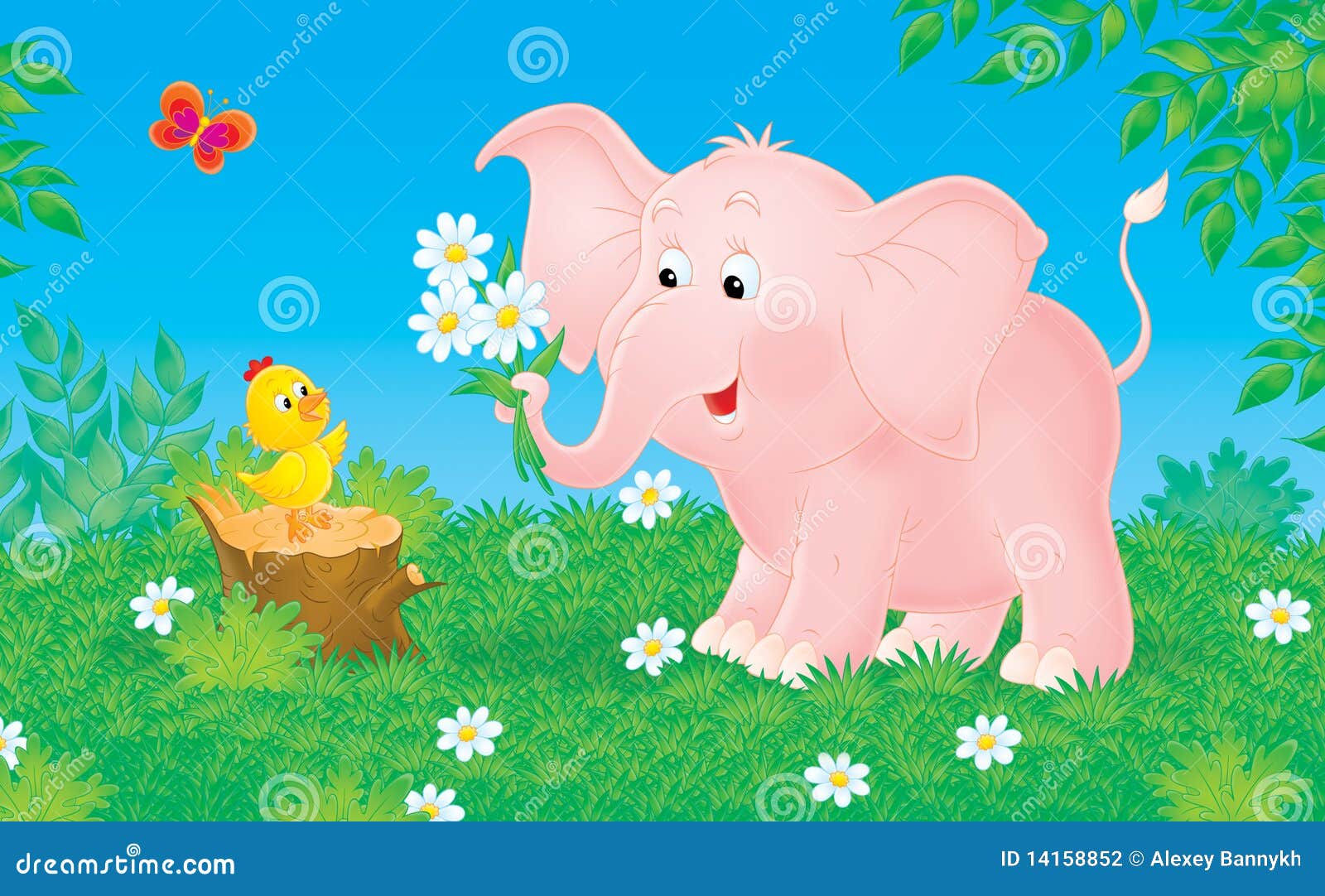 Pink Elephant and Little Chick Stock Illustration - Illustration of ...