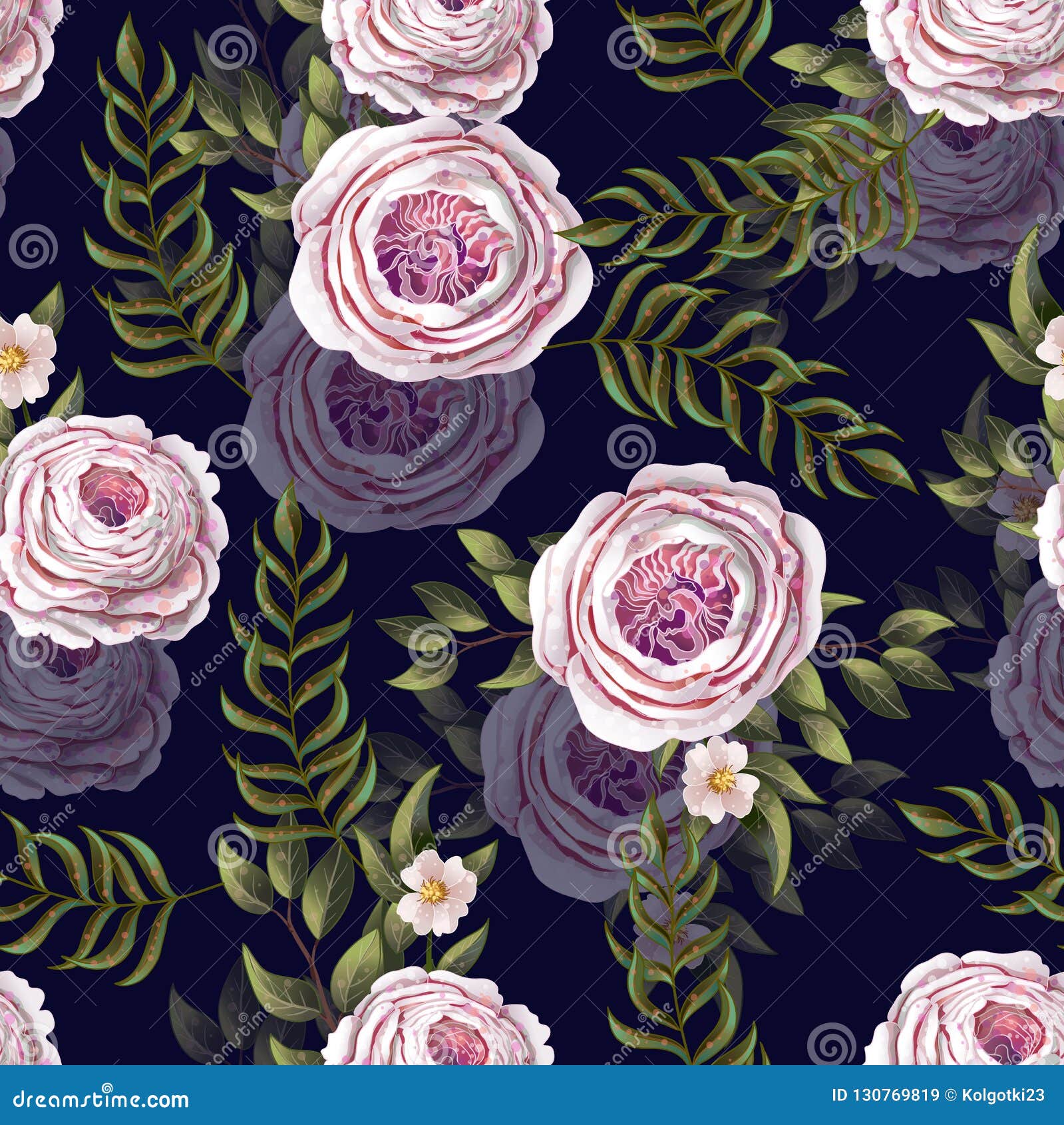 Pink English Roses Seamless Pattern on a Blue Background. Vector. Stock ...