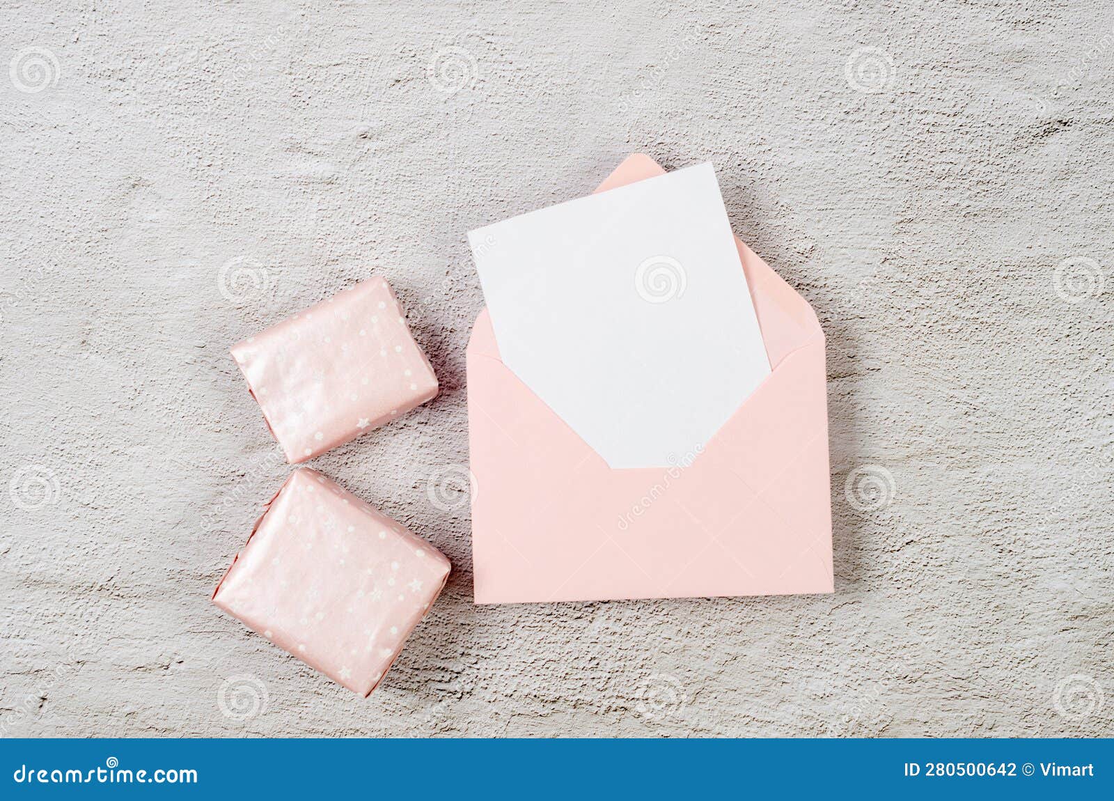 Pink Envelope with Empty White Card for Text on Grey Concrete ...