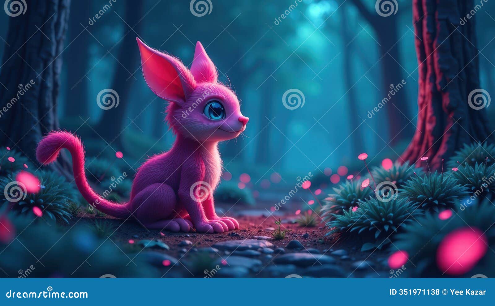 Pink Fantasy Creature in Enchanted Forest Stock Illustration ...