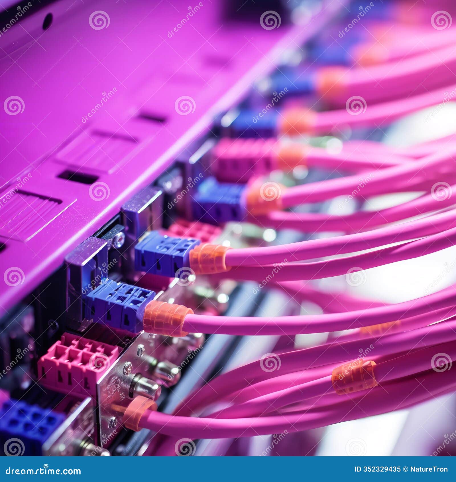 Pink Fiber Optic Cables Connected To a Purple Server Rack: High-Tech ...