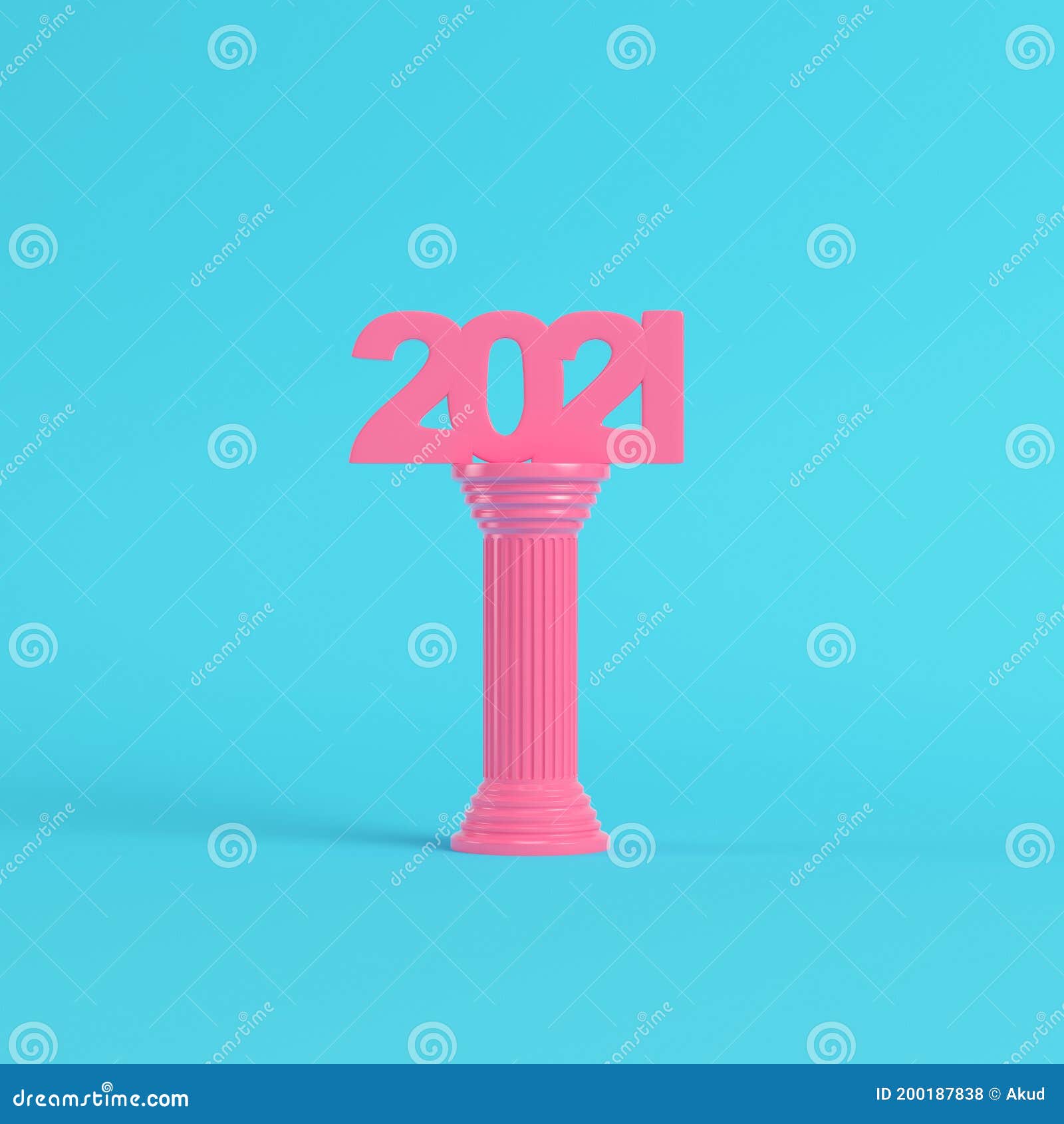 Pink 2021 Figures on Ancient Column on Bright Blue Background in Pastel ...