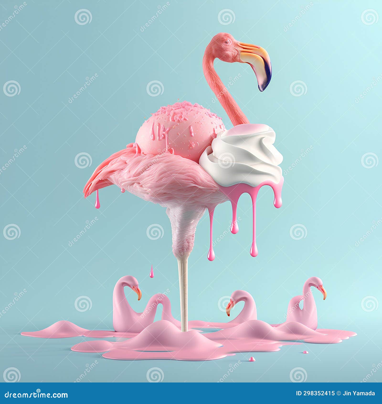 Pink Flamingo with Ice Cream and Splashes of Milk. 3d Rendering Stock ...