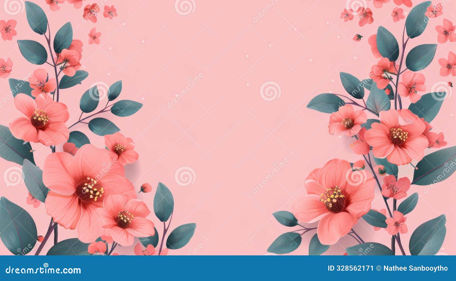 Pink Floral Border with Green Leaves Stock Illustration - Illustration ...