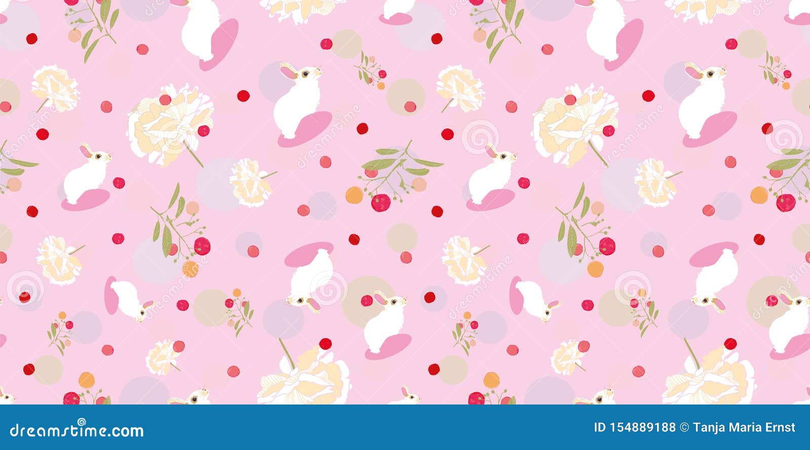 Pink Floral Pattern with Rabbit and Dot. Stock Vector - Illustration of ...