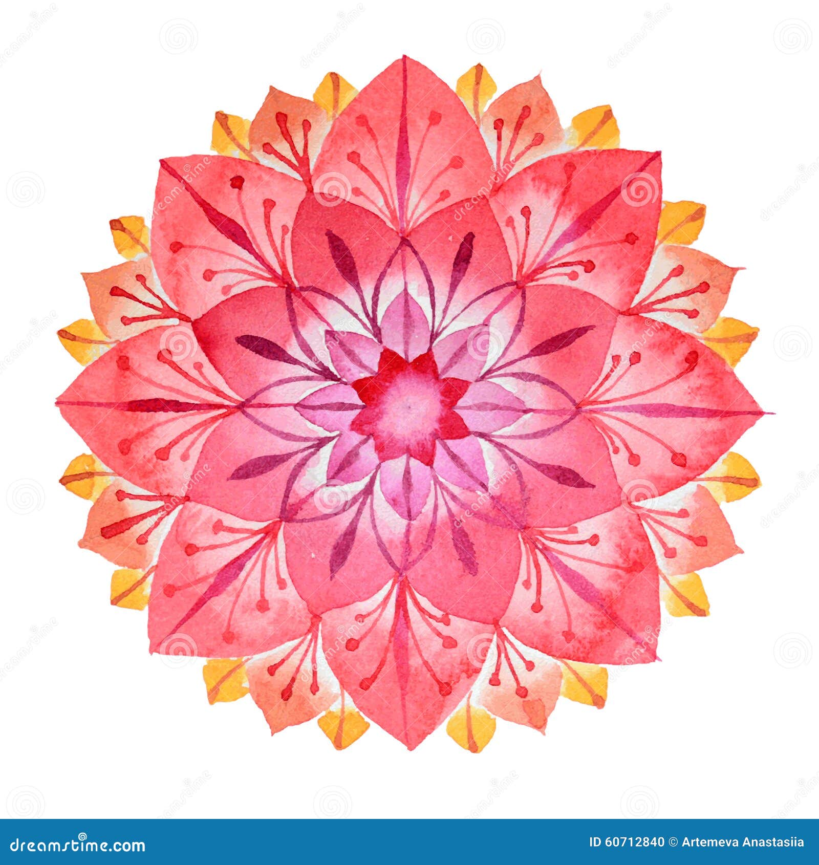 Pink Flower Hand Drawn Mandala in Watercolors Technique Stock Vector ...