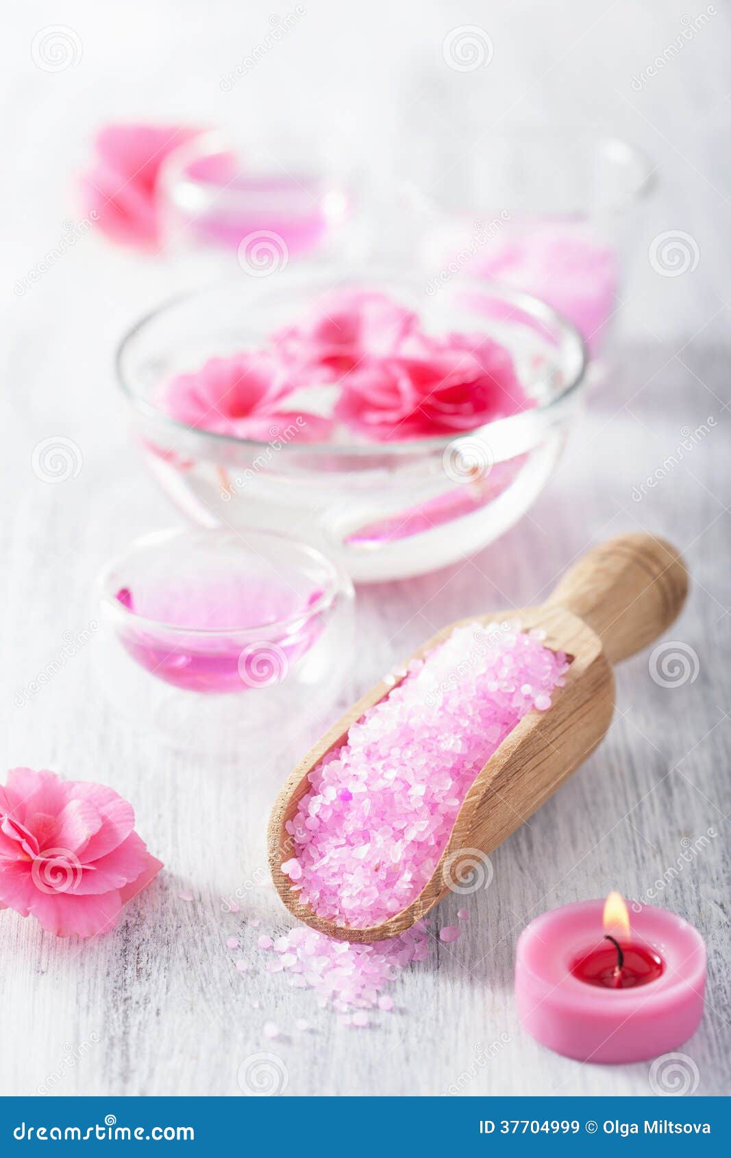 Pink Flower Salt and Essential Oil for Spa Stock Image - Image of ...