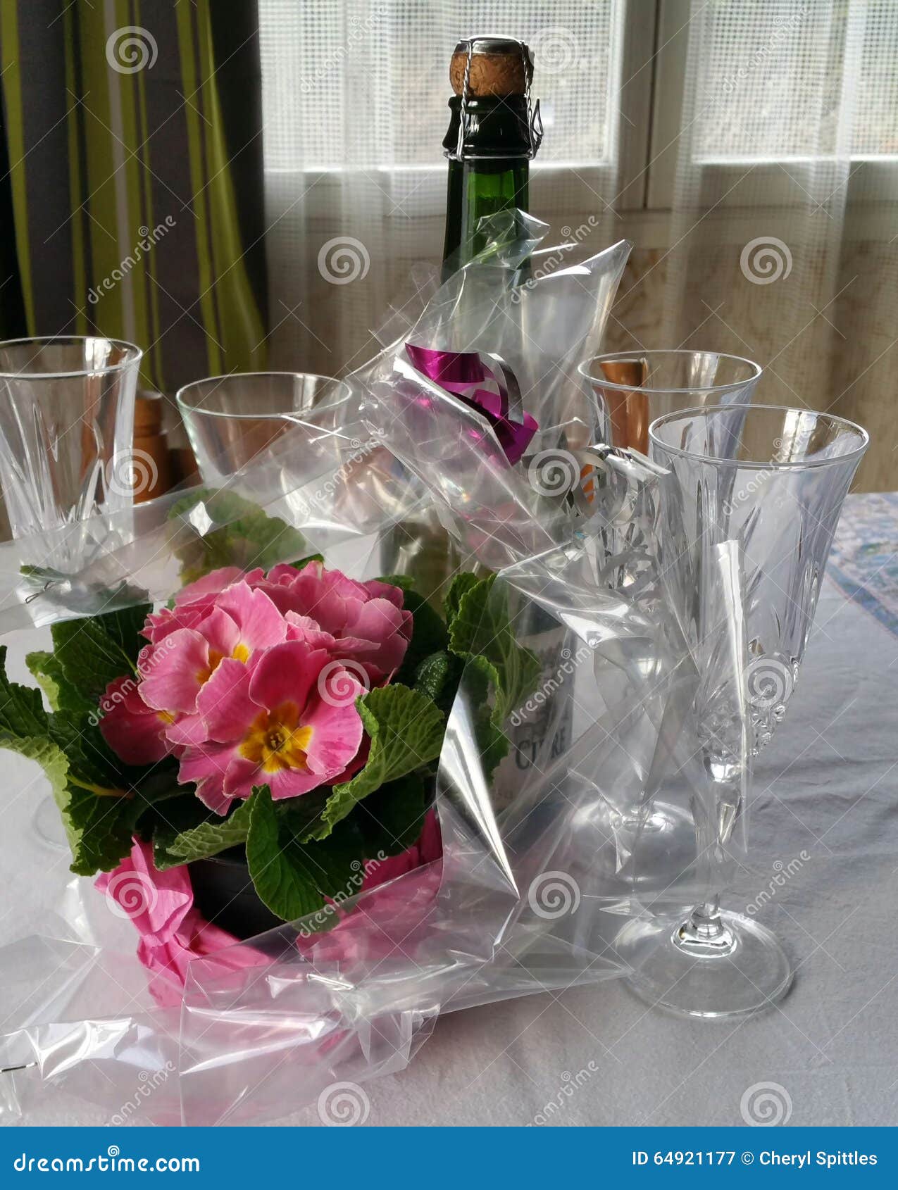 Pink Flower and Wine Glasses Stock Image - Image of pink, primula: 64921177