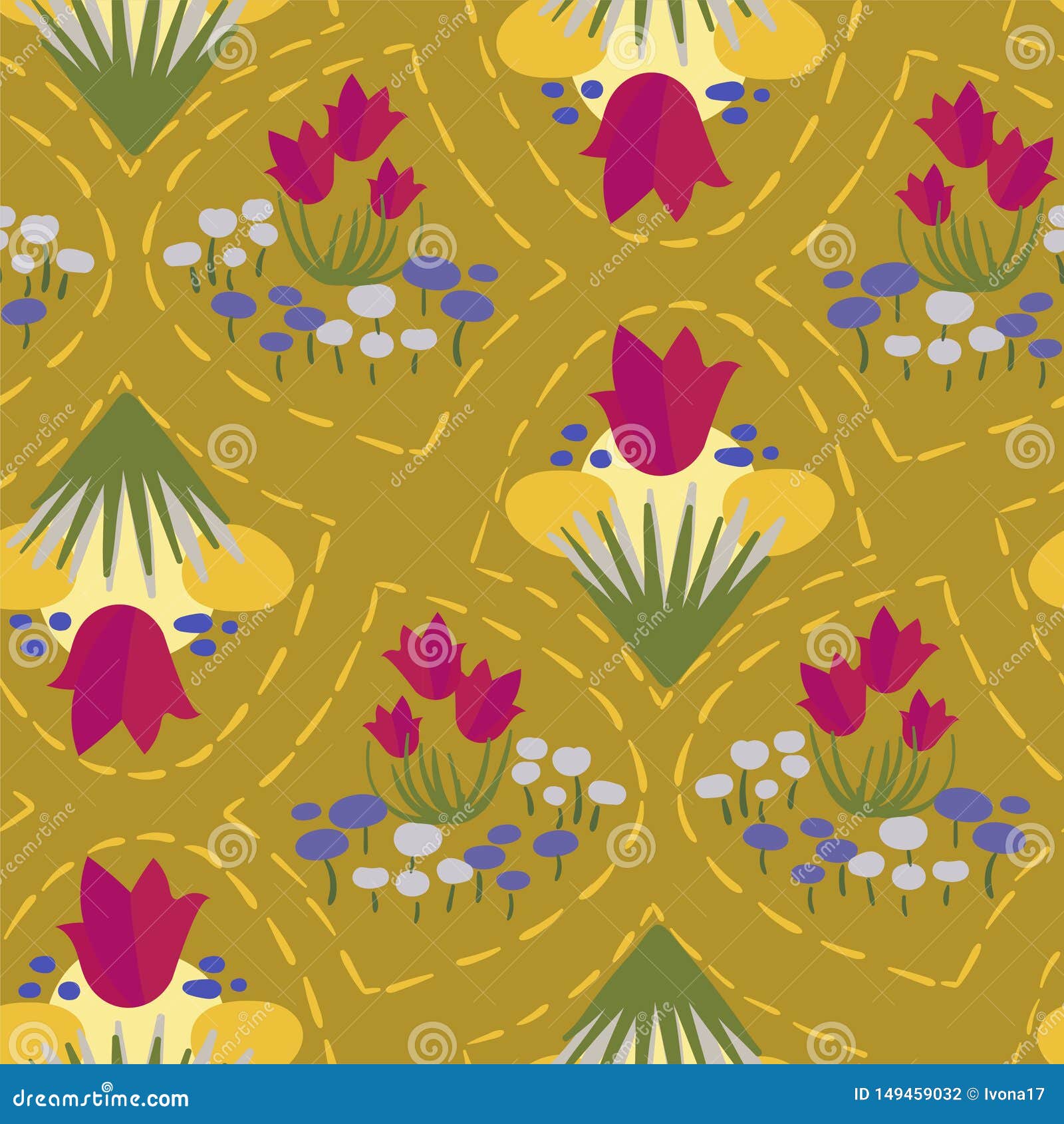 Pink Flower Yellow Meadow Seamless Pattern Vector Floral Design ...