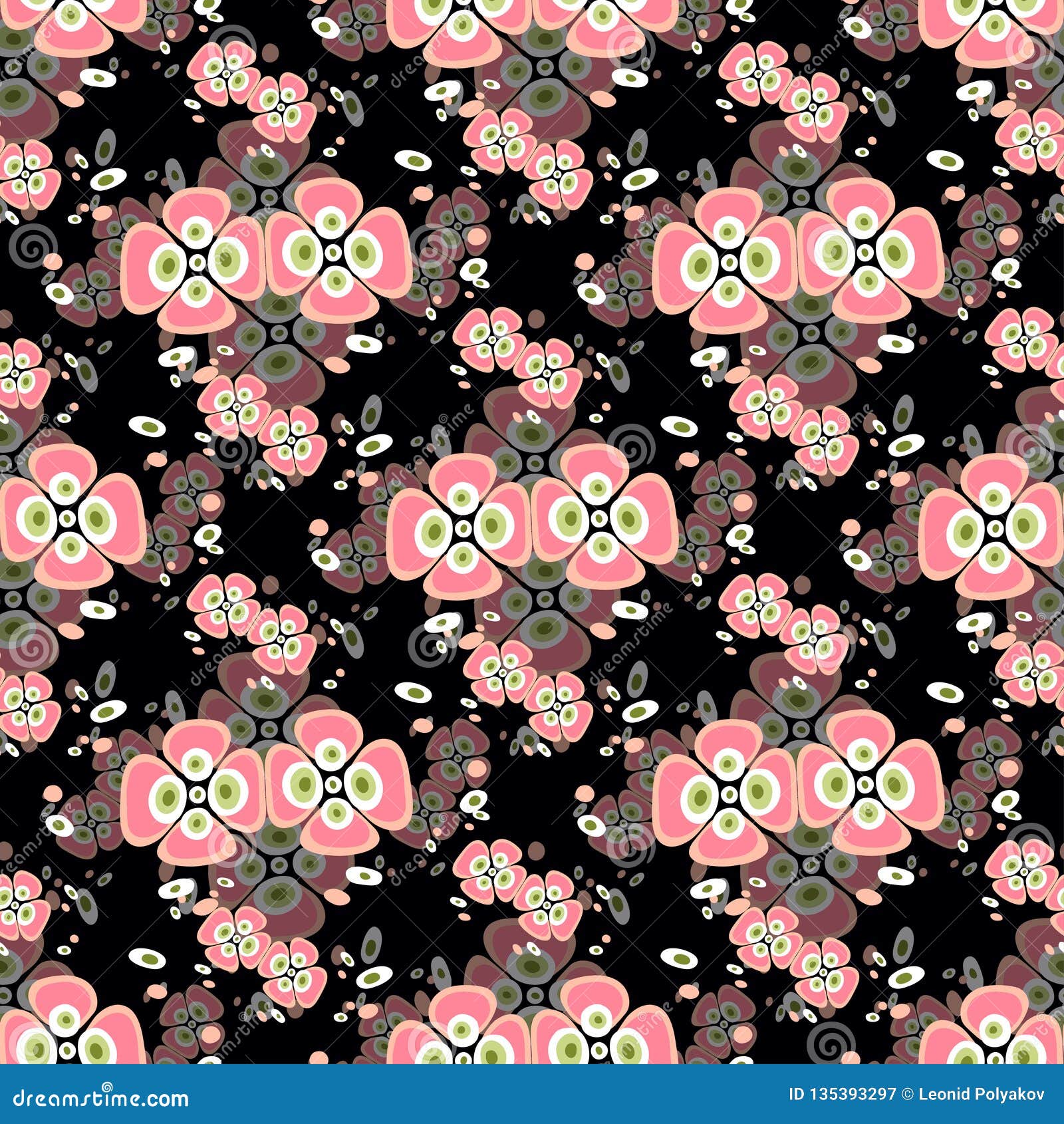Pink Flowers on a Black Background Seamless Pattern Stock Illustration ...