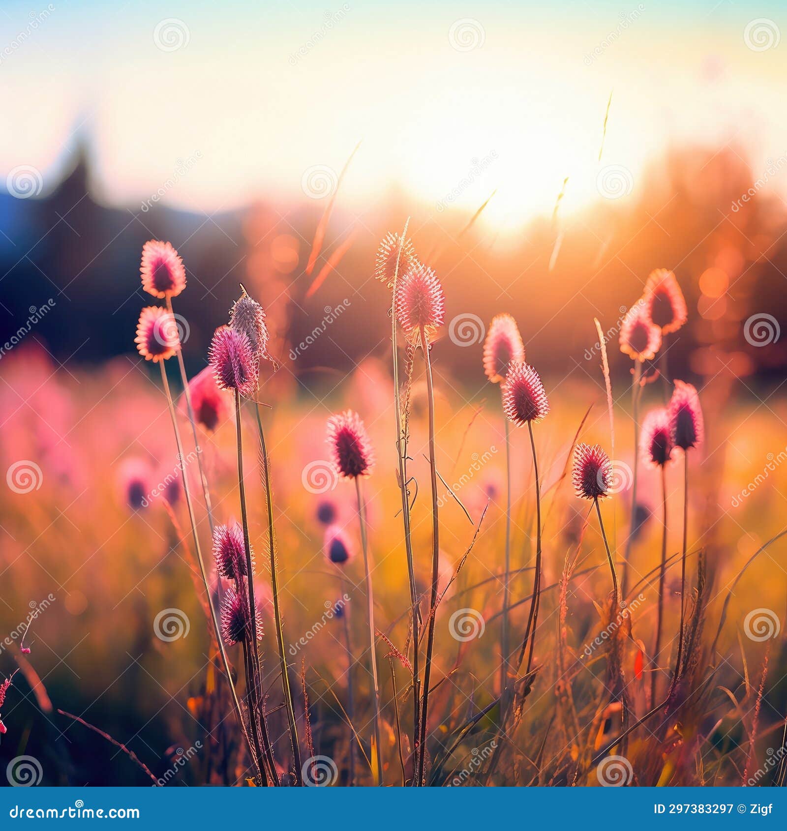 Pink Flowers in a Field at Sunset Stock Illustration - Illustration of ...