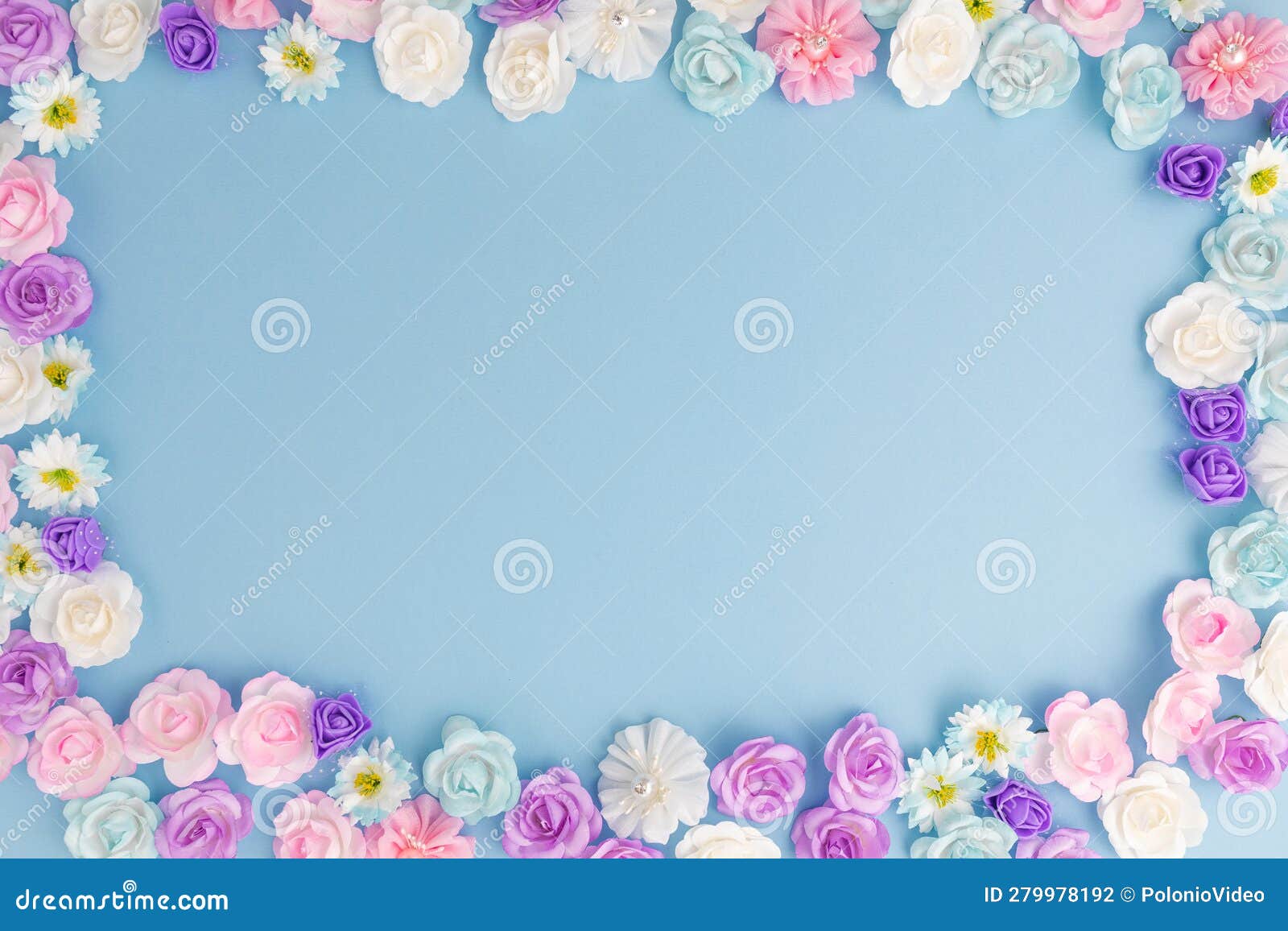 Pink Flowers Frame with Blue Copy Space Background Stock Photo - Image ...