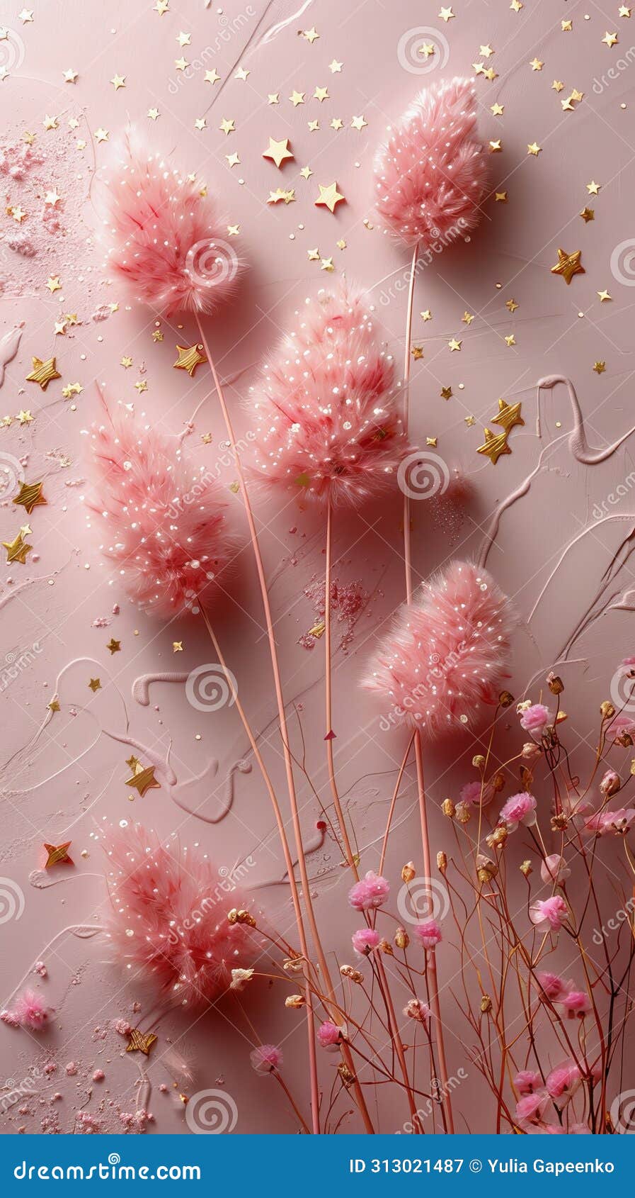 Pink Flowers and Gold Flakes on Pink Background Stock Image - Image of ...