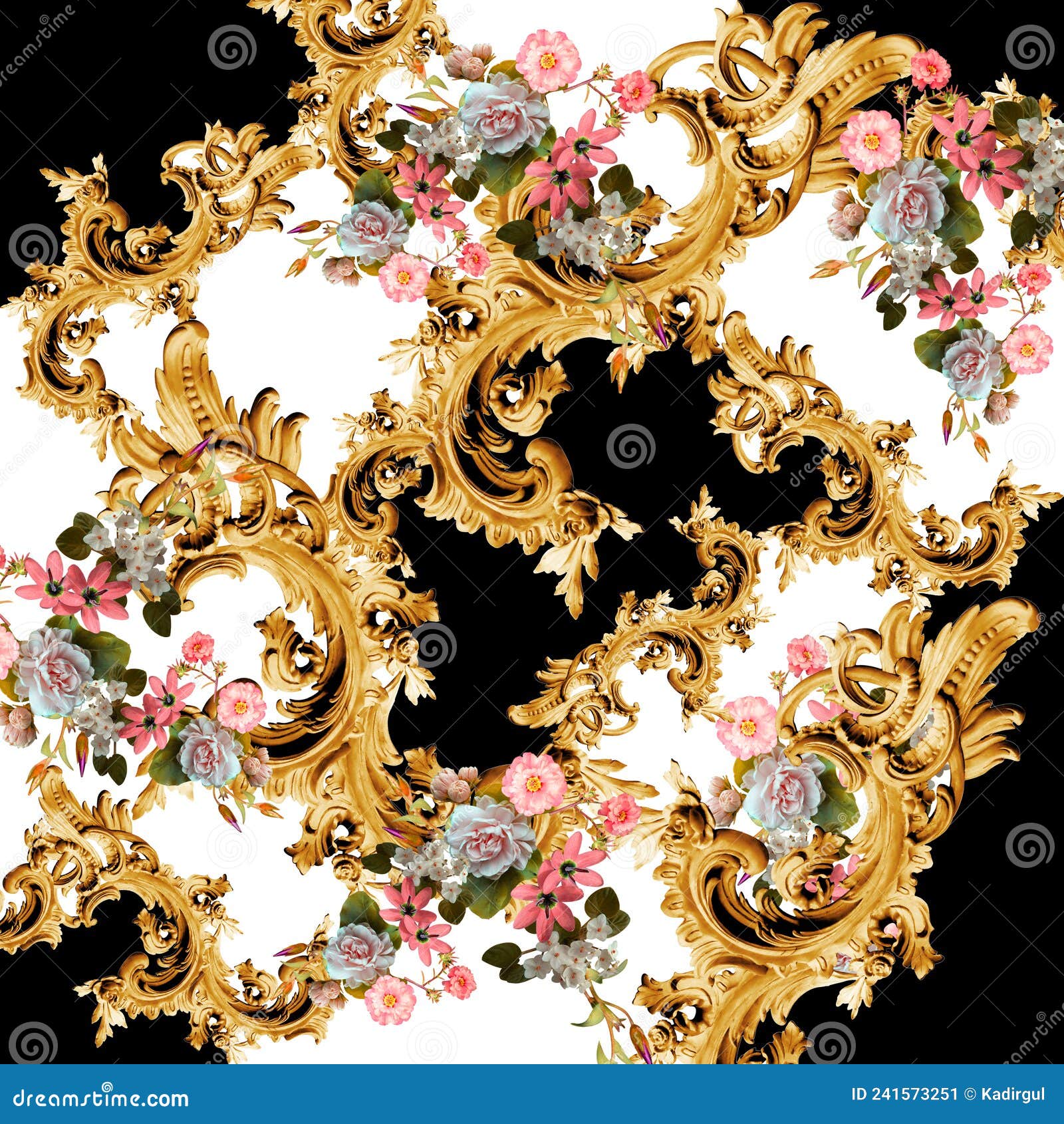 Pink Flowers, Golden Baroque Stock Illustration - Illustration of ...