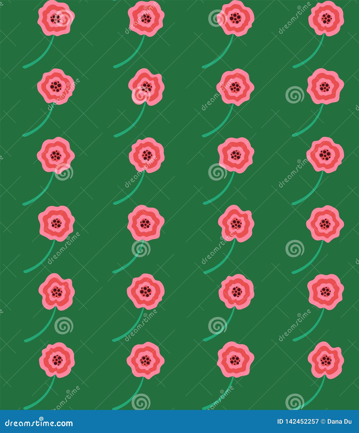 Pink Flowers Grid Seamless Pattern on Green Background Stock Vector ...