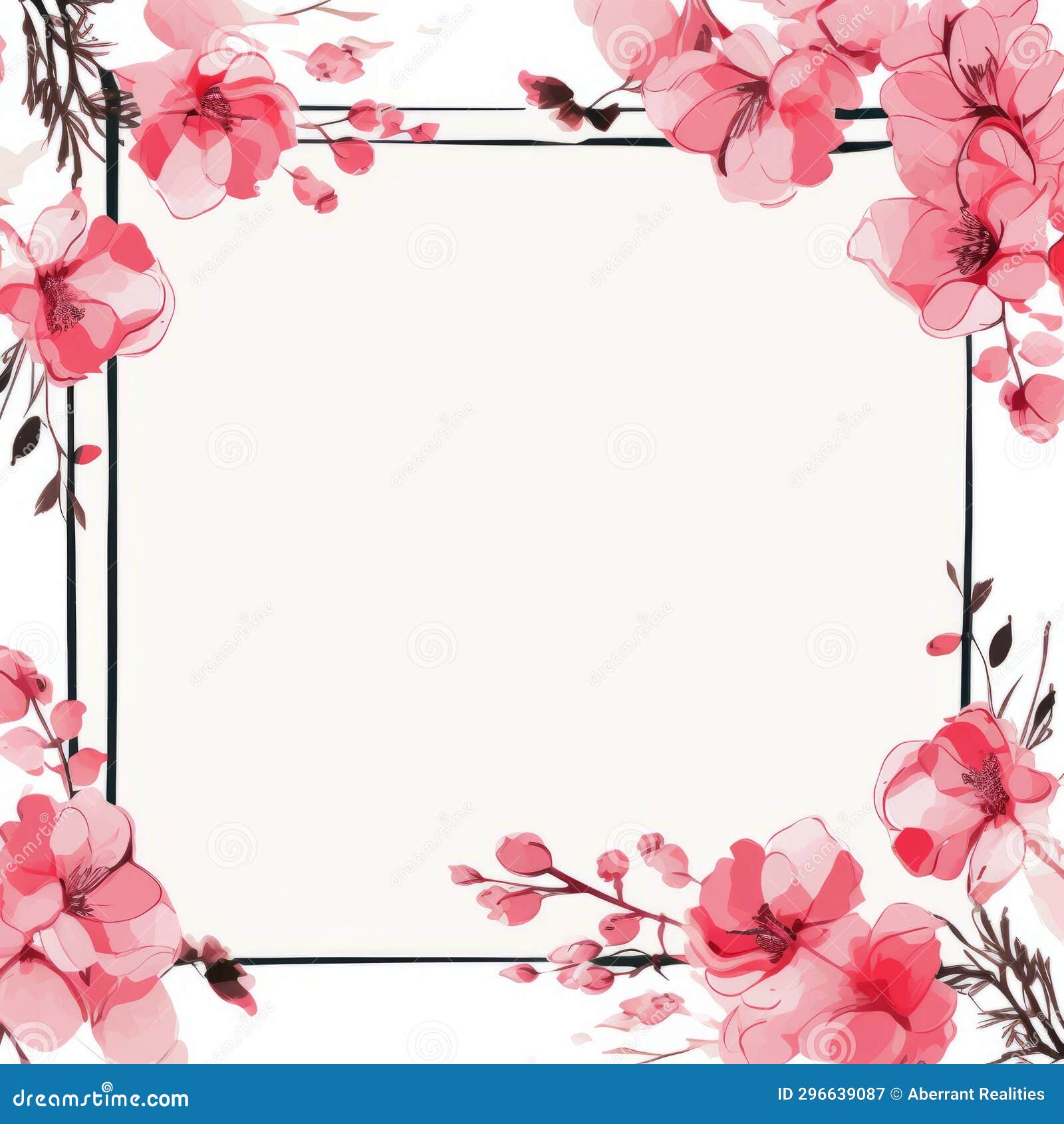 Pink Flowers in a Square Frame on a White Background Stock Illustration ...