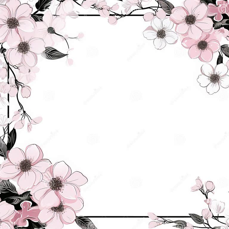 Pink Flowers in a Square Frame on a White Background Stock Illustration ...