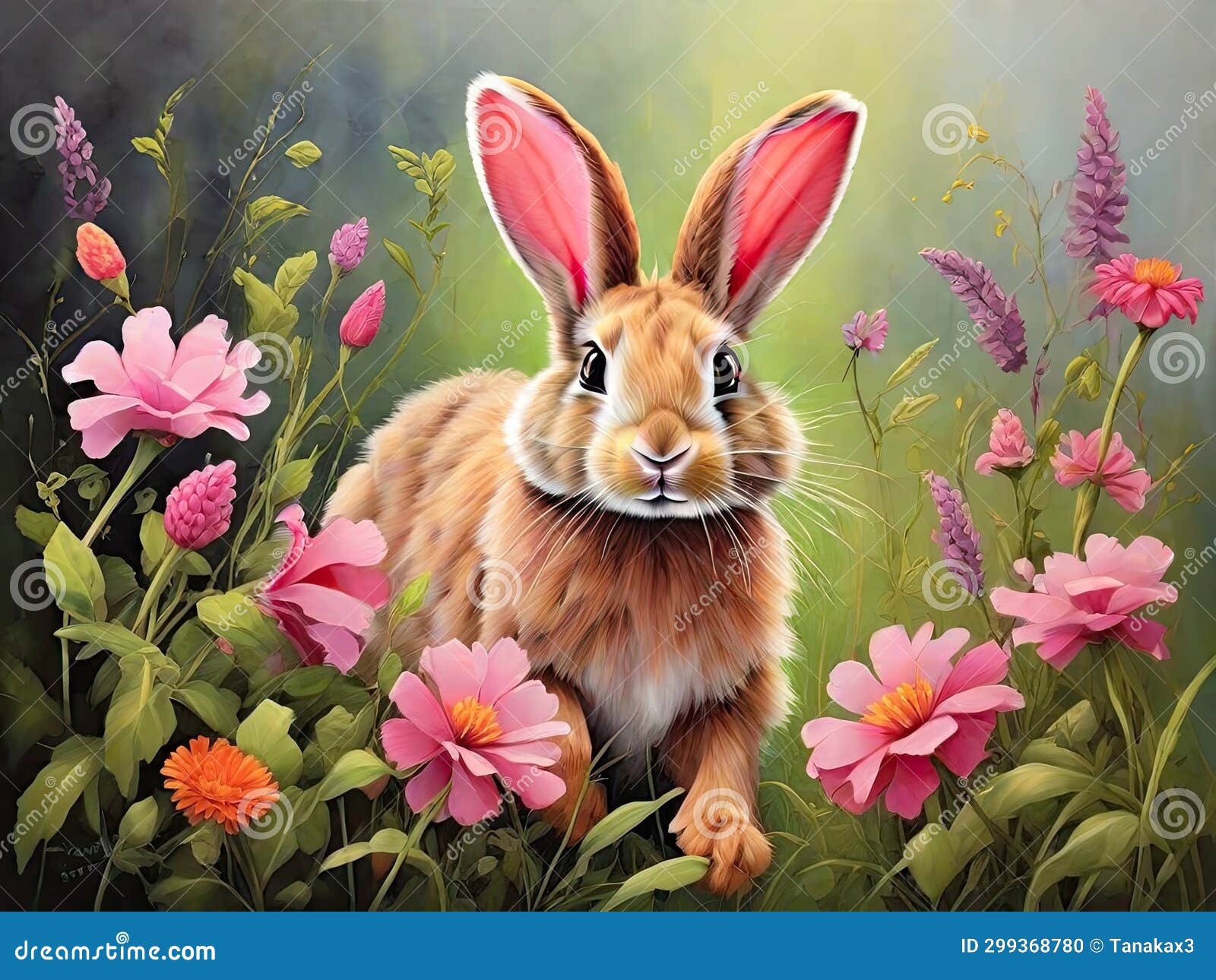 Pink Forest Rabbit in the Flower Meadow. Stock Illustration ...