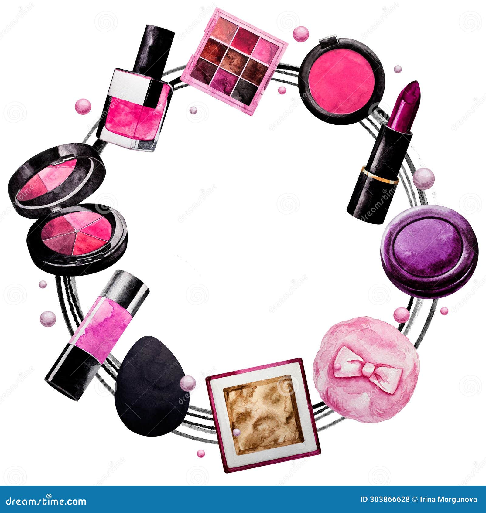 Pink Frame of Makeup Elements. White Background. Watercolor. Isolated ...