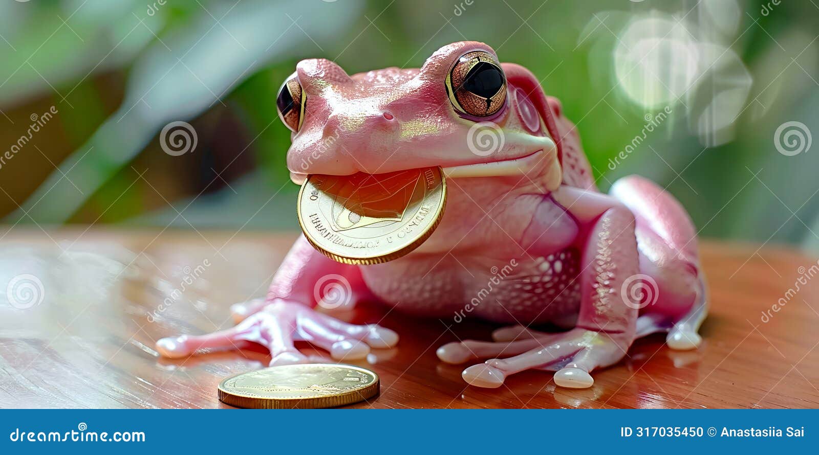 A Pink Frog Holds a Gold Coin in Its Mouth Stock Photo - Image of frog ...