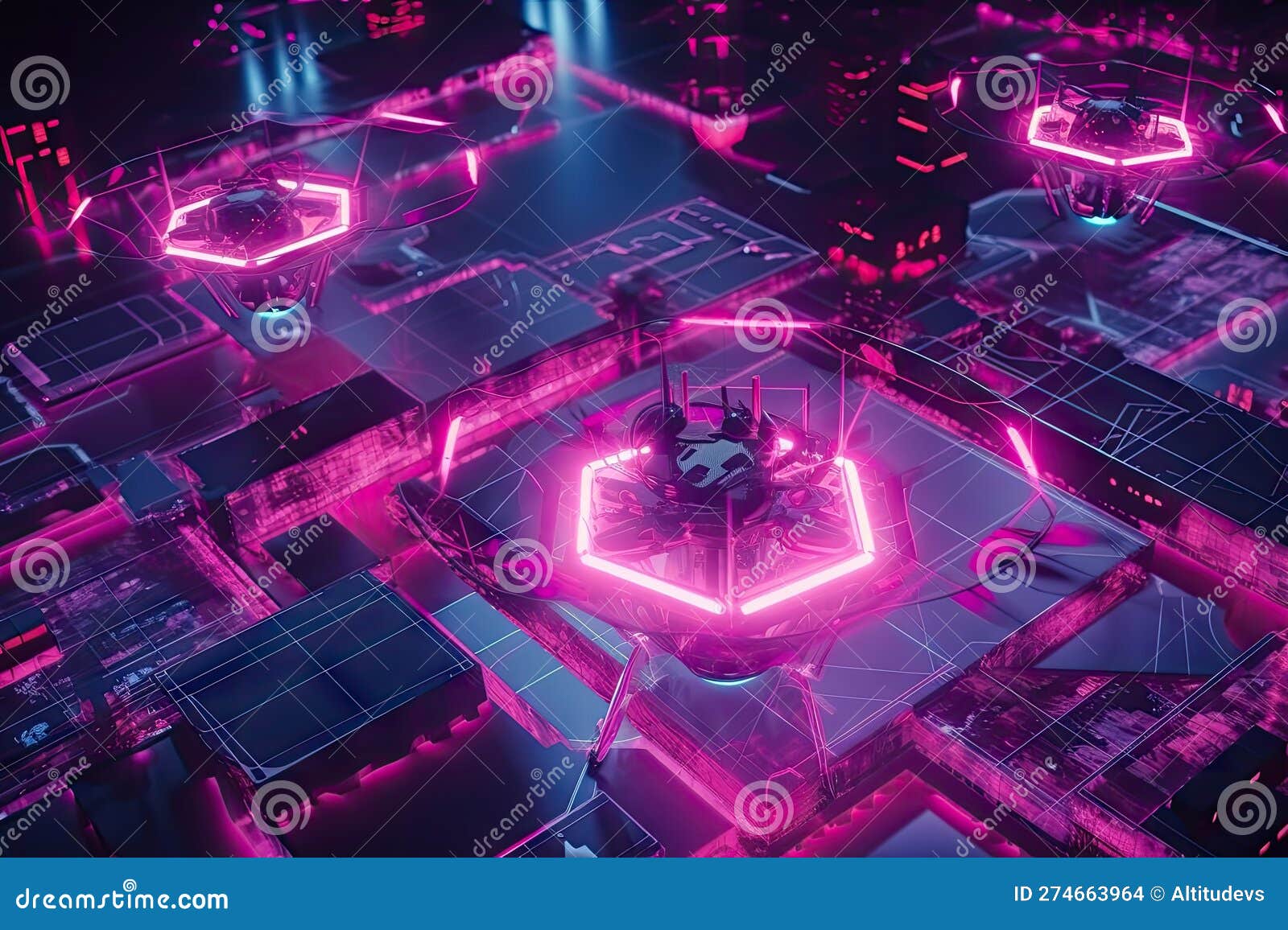 Pink Futuristic Setting, with Holographic Interface, and Flying Drones ...