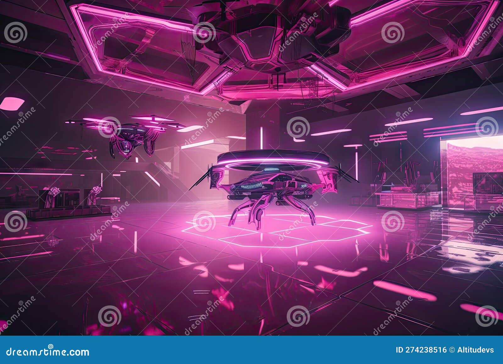 Pink Futuristic Setting, with Holographic Interface, and Flying Drones ...