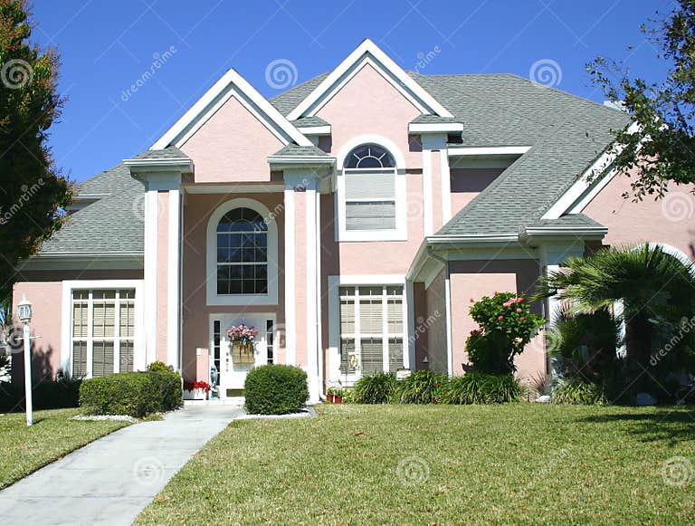 Pink gabled house stock image. Image of tropics, house, green - 77083