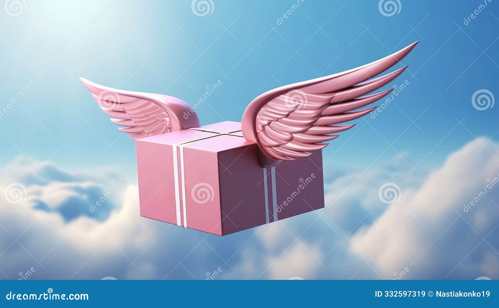 A Pink Gift Box with Angel Wings Floating in the Sky Stock Image ...