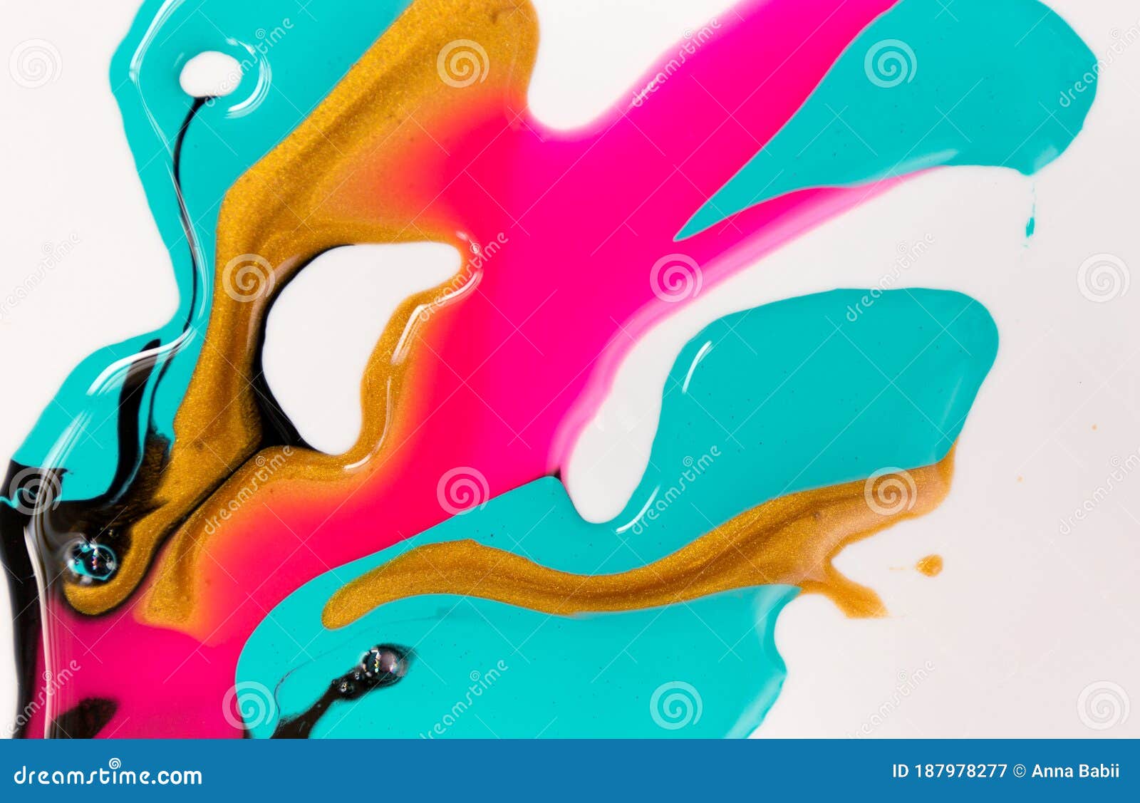 Pink, Gold and Blue Mixed Inks on White Paper Background. Stock Image ...