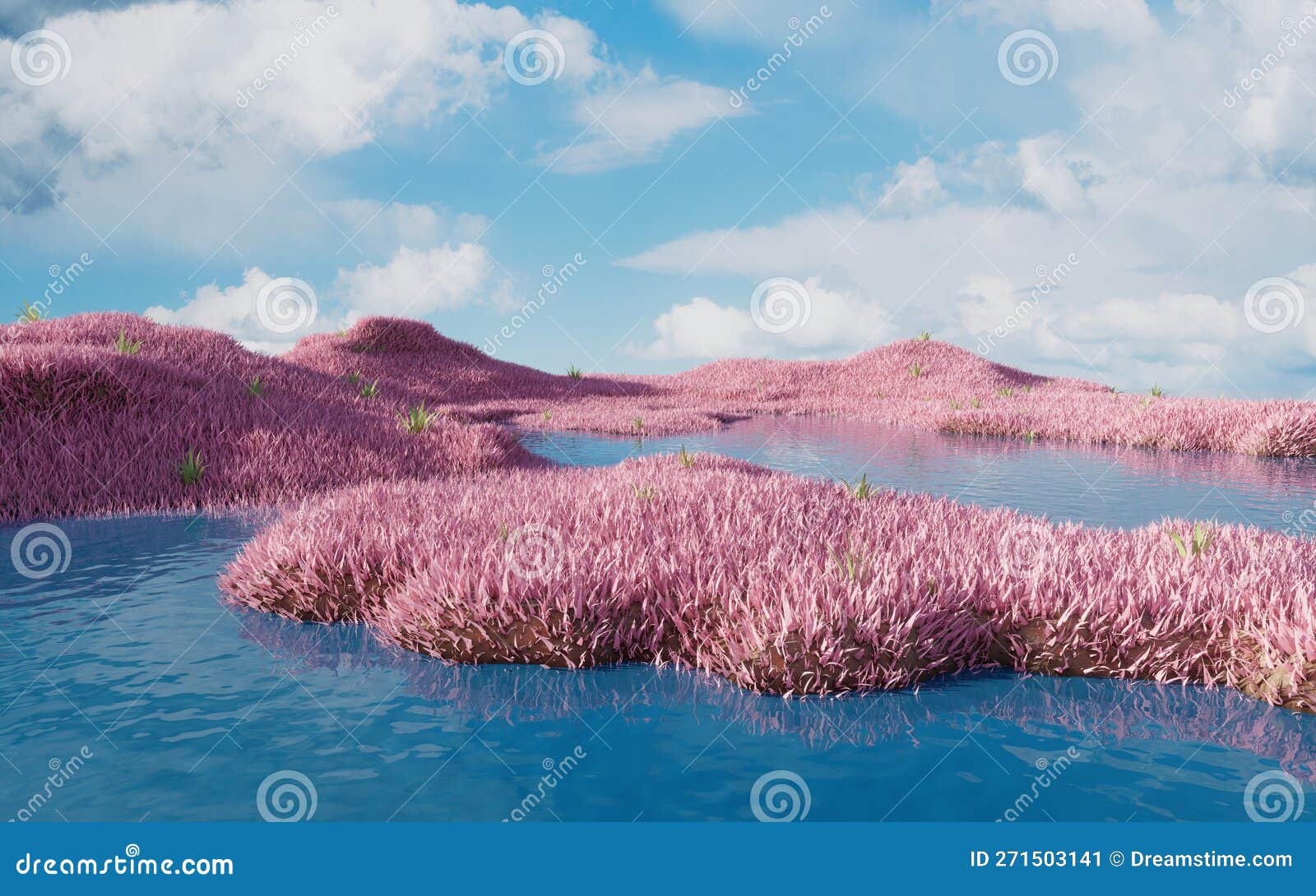 Pink Grassland with Lakes, 3d Rendering Stock Illustration ...