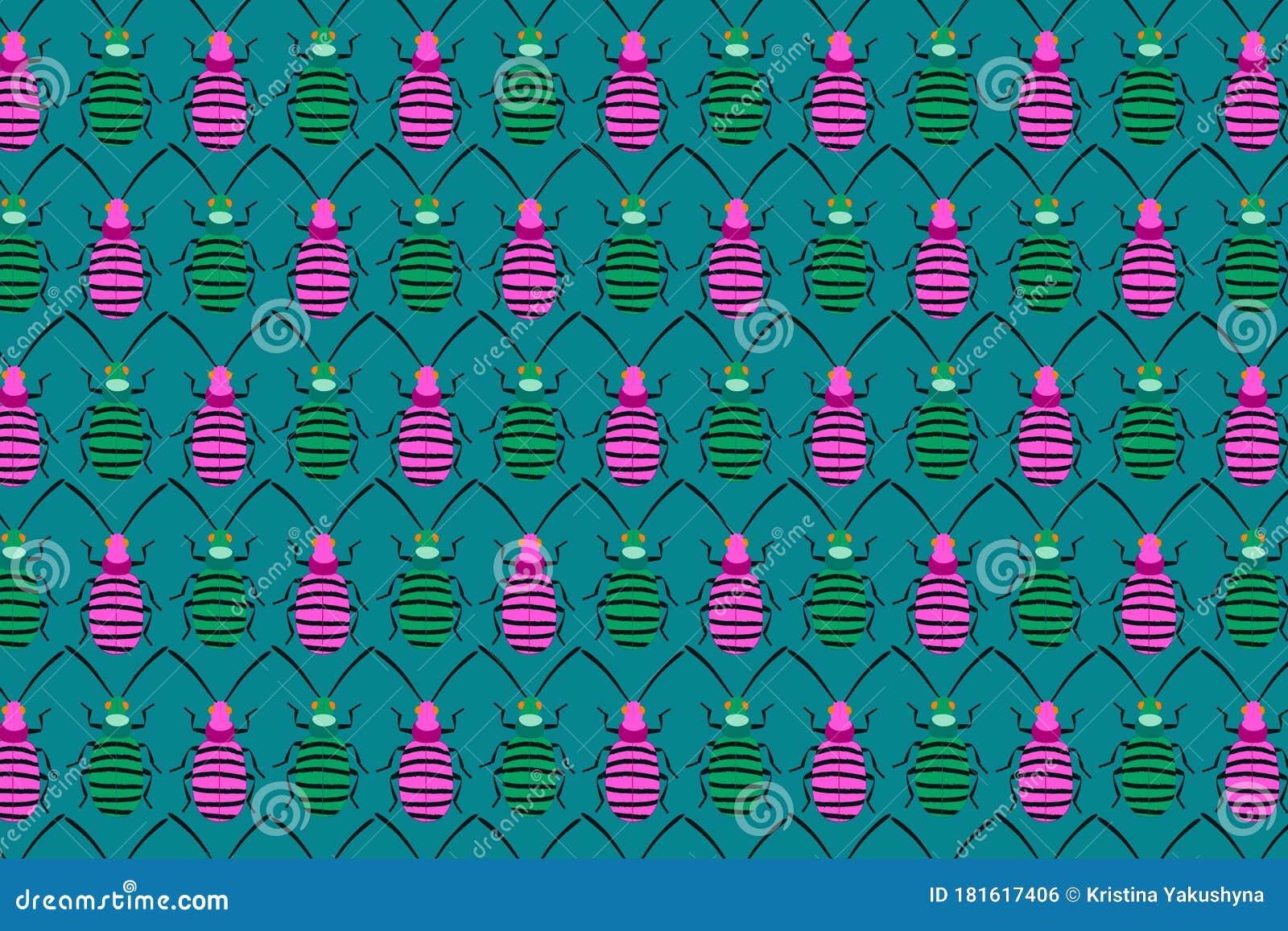 Pink Green Bug Pattern on Green. Insects Background Stock Illustration ...