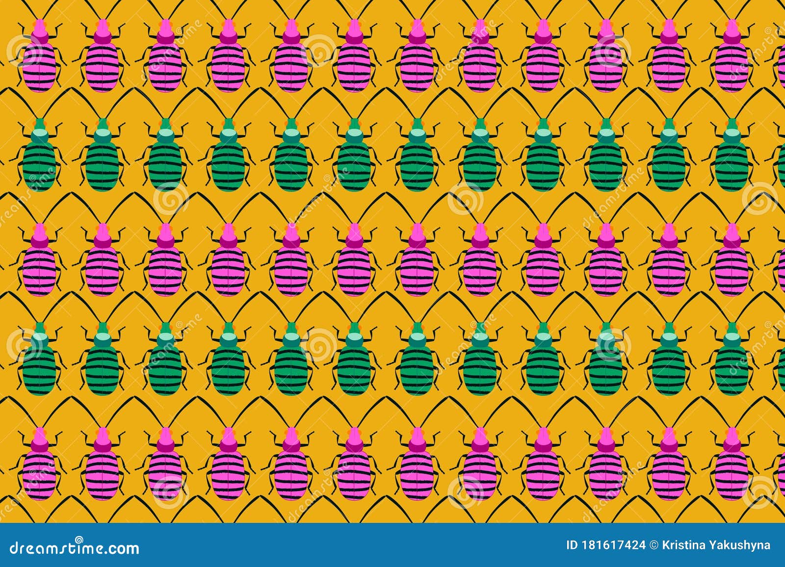 Pink Green Bug Pattern on Yellow. Insects Background Stock Illustration ...