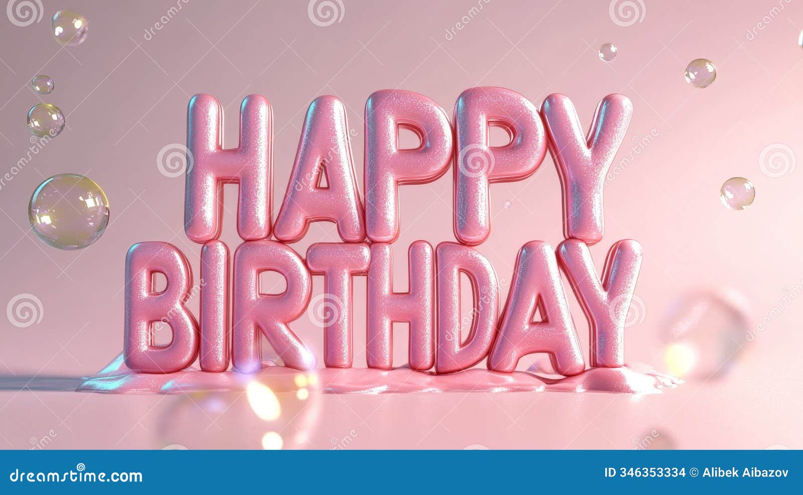Pink Happy Birthday Text with Bubbles on Pastel Background Stock ...
