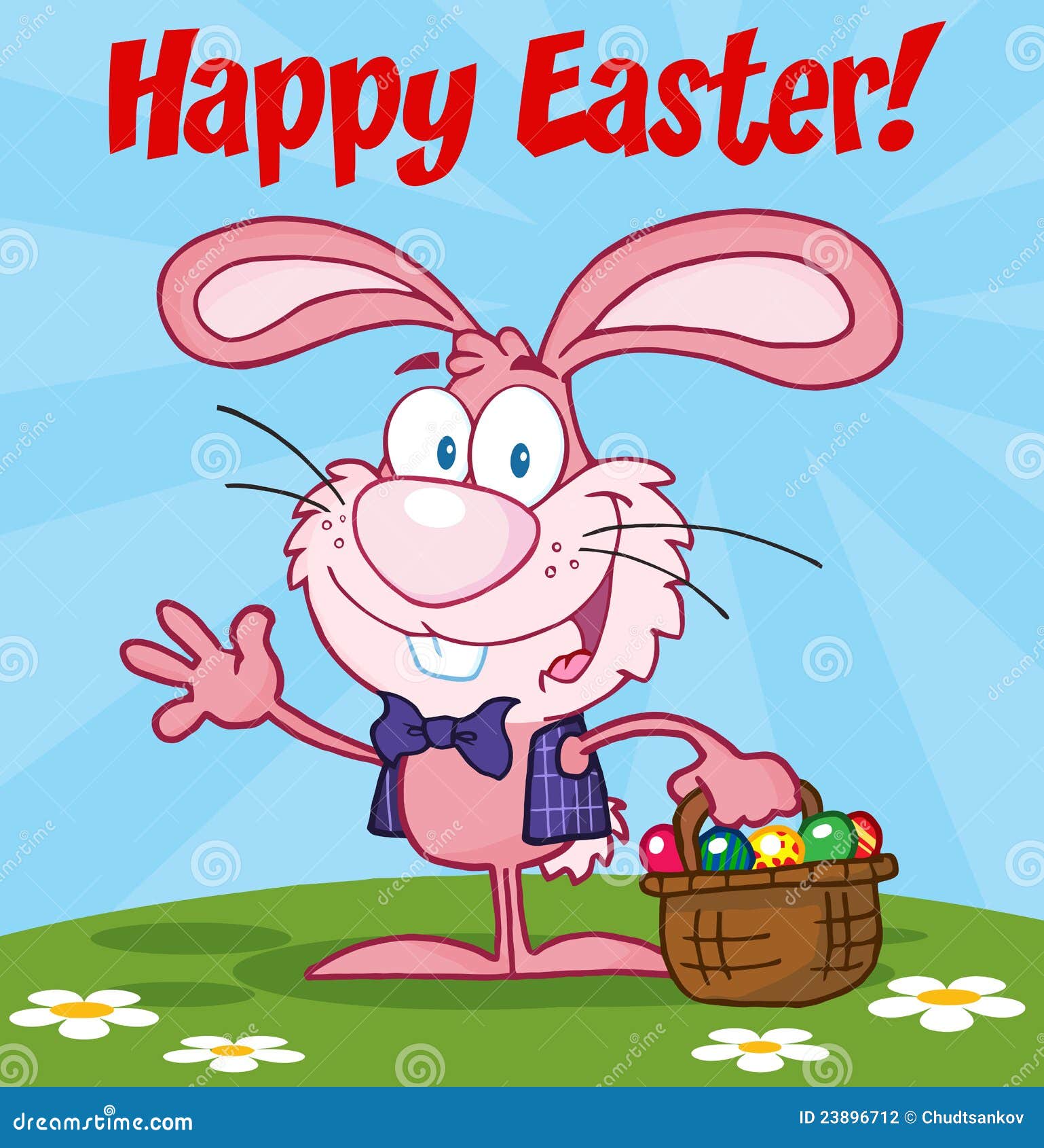 Pink Happy Easter Bunny Carrying a Basket of Eggs Stock Vector ...