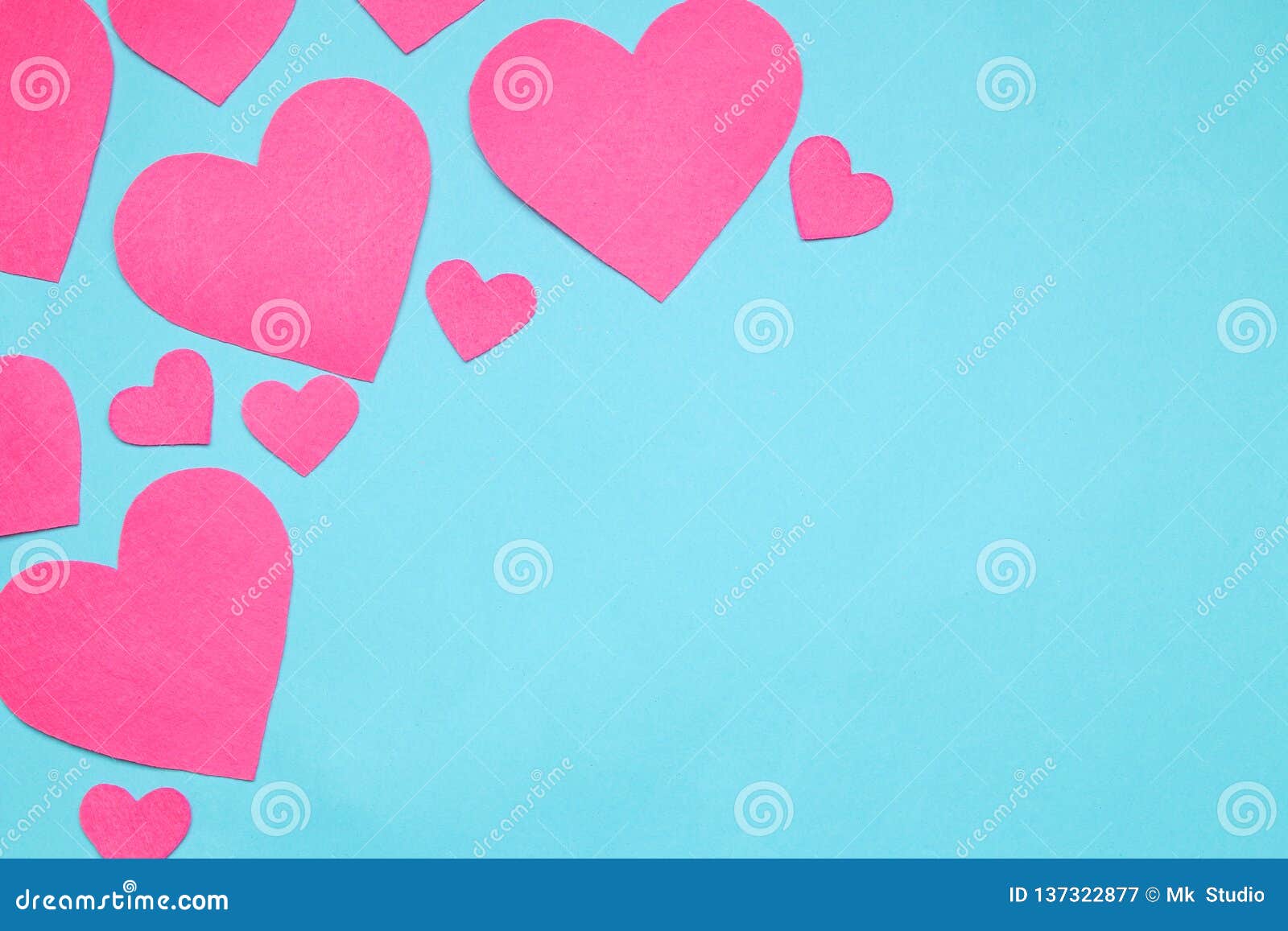 Pink Hearts on a Bright Blue Background. Frame of Hearts, Top View with ...