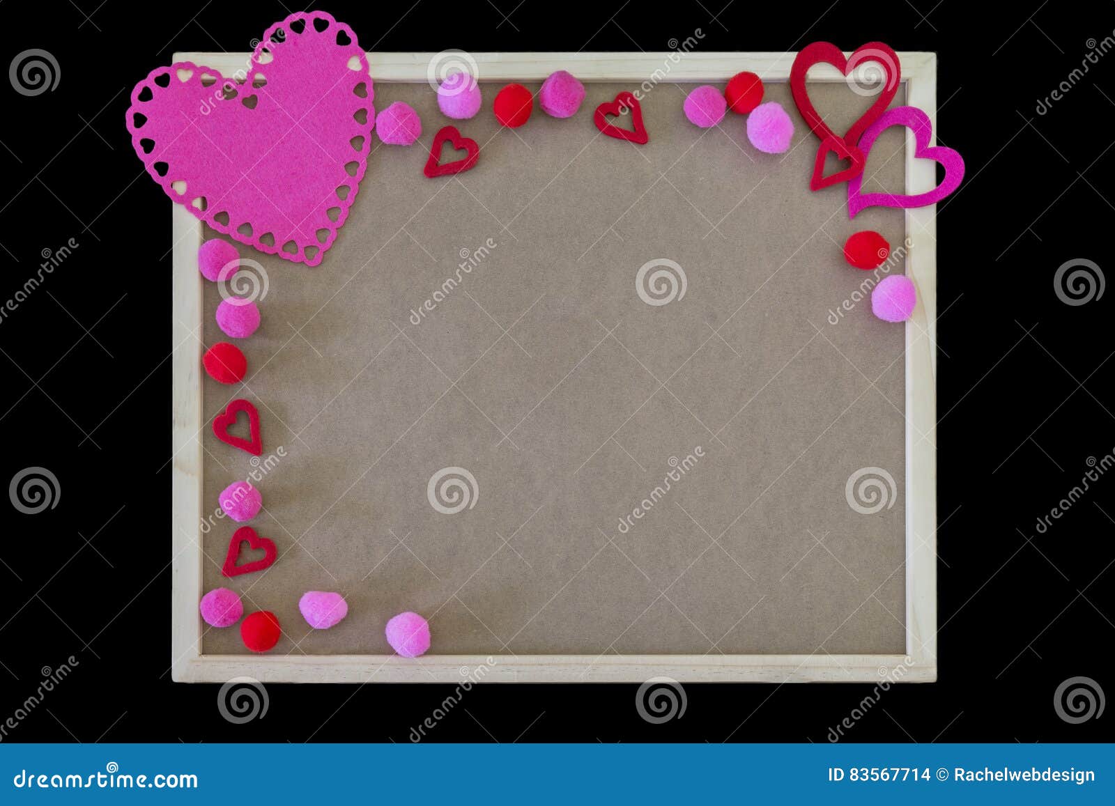 Pink Hearts and Pom Poms Border on a Simple Message Board, Space Stock ...