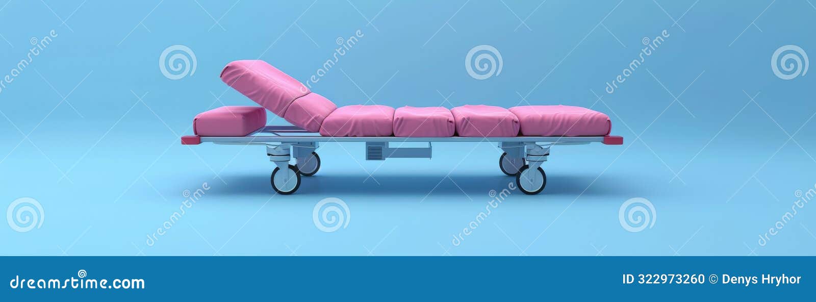 A Pink Hospital Bed on a Light Blue Background, with Four Wheels Stock ...