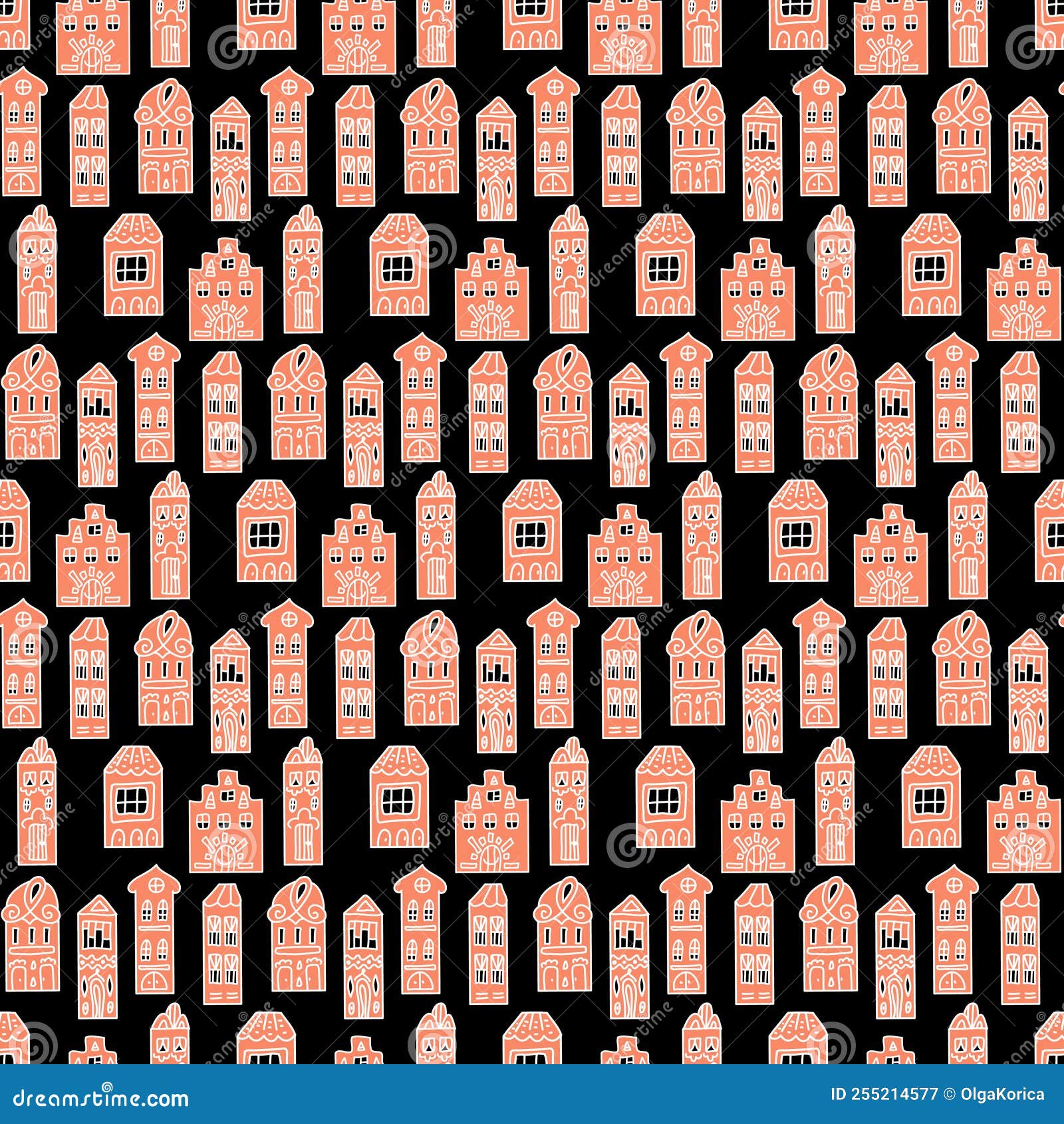 Pink House on Black Background Seamless Pattern, Cute Simple Vector ...