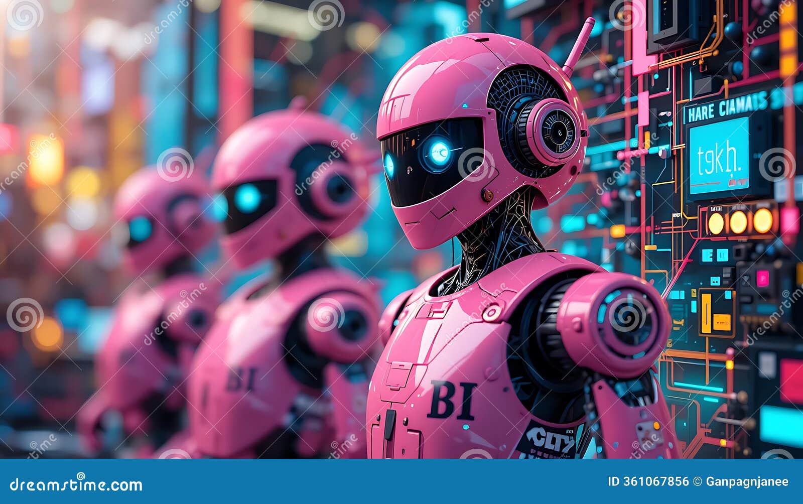 Pink Humanoid Robots in a Neon-lit, High-tech Environment. AI Robots ...