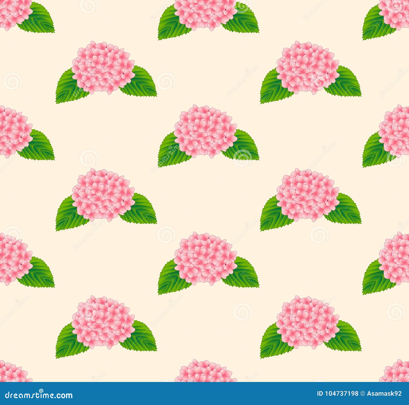 Pink Hydrangea Flower Seamless on Beige Ivory Background. Vector ...